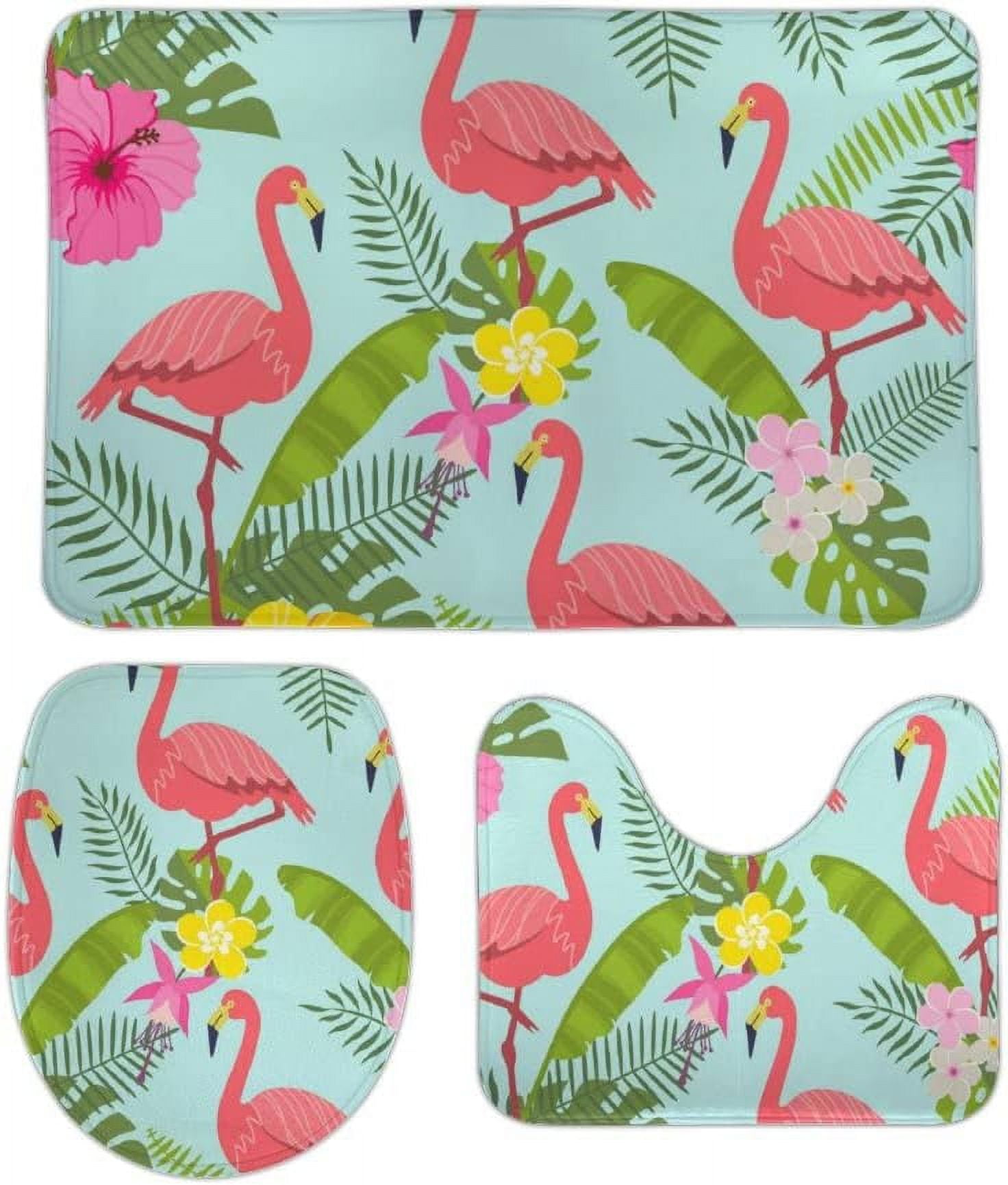 SKYSONIC Non-Slip 3 Piece Bathroom Rug Set Flamingo Tropical Leaves and ...
