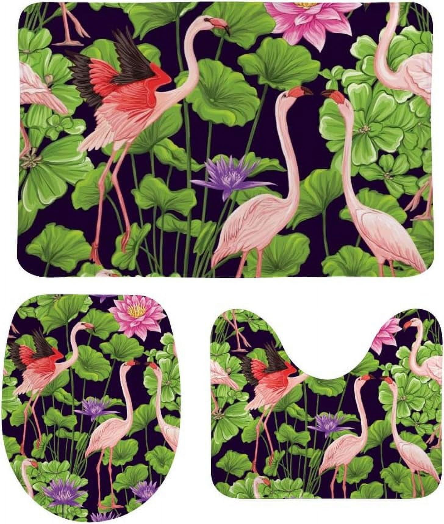 SKYSONIC Non-Slip 3 Piece Bathroom Rug Set Flamingo and Tropical Plants ...