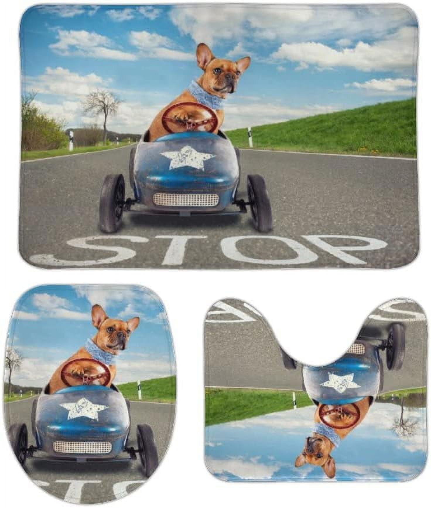 SKYSONIC Non-Slip 3 Piece Bathroom Rug Set French Bulldog Driving a Toy ...