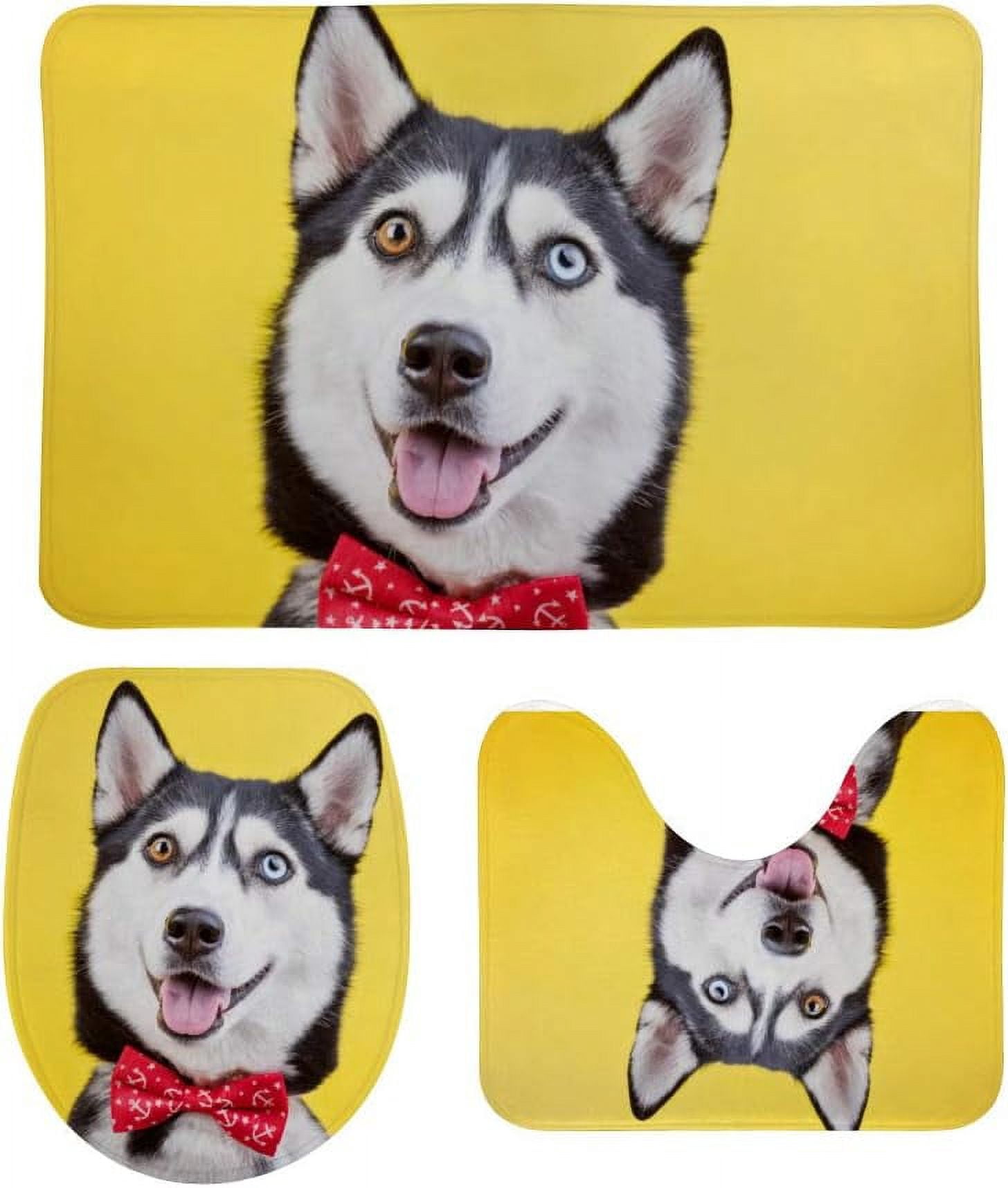 Non-Slip 3 Piece Bathroom Rug Set Funny Husky Soft Contour Rug + Toilet ...
