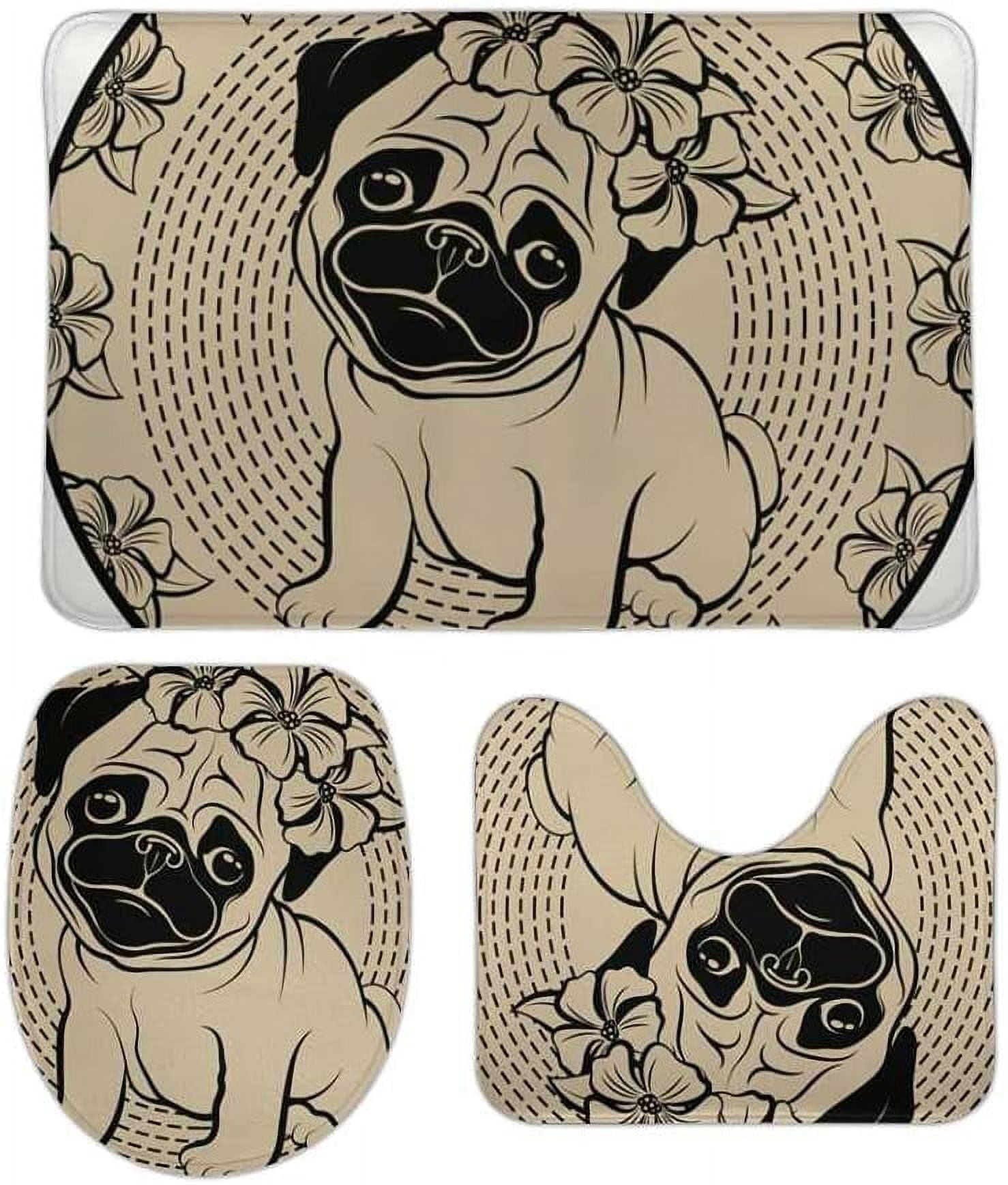 SKYSONIC Non-Slip 3 Piece Bathroom Rug Set Funny Pug Dog in A Wreath ...