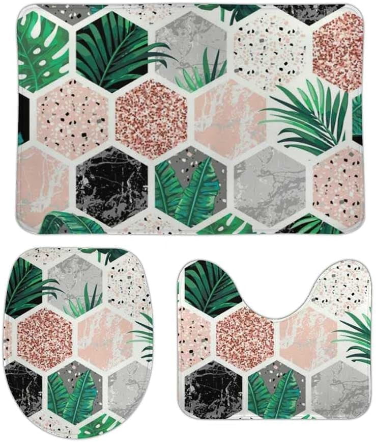 SKYSONIC Non-Slip 3 Piece Bathroom Rug Set Geometric Marble with Leaves ...