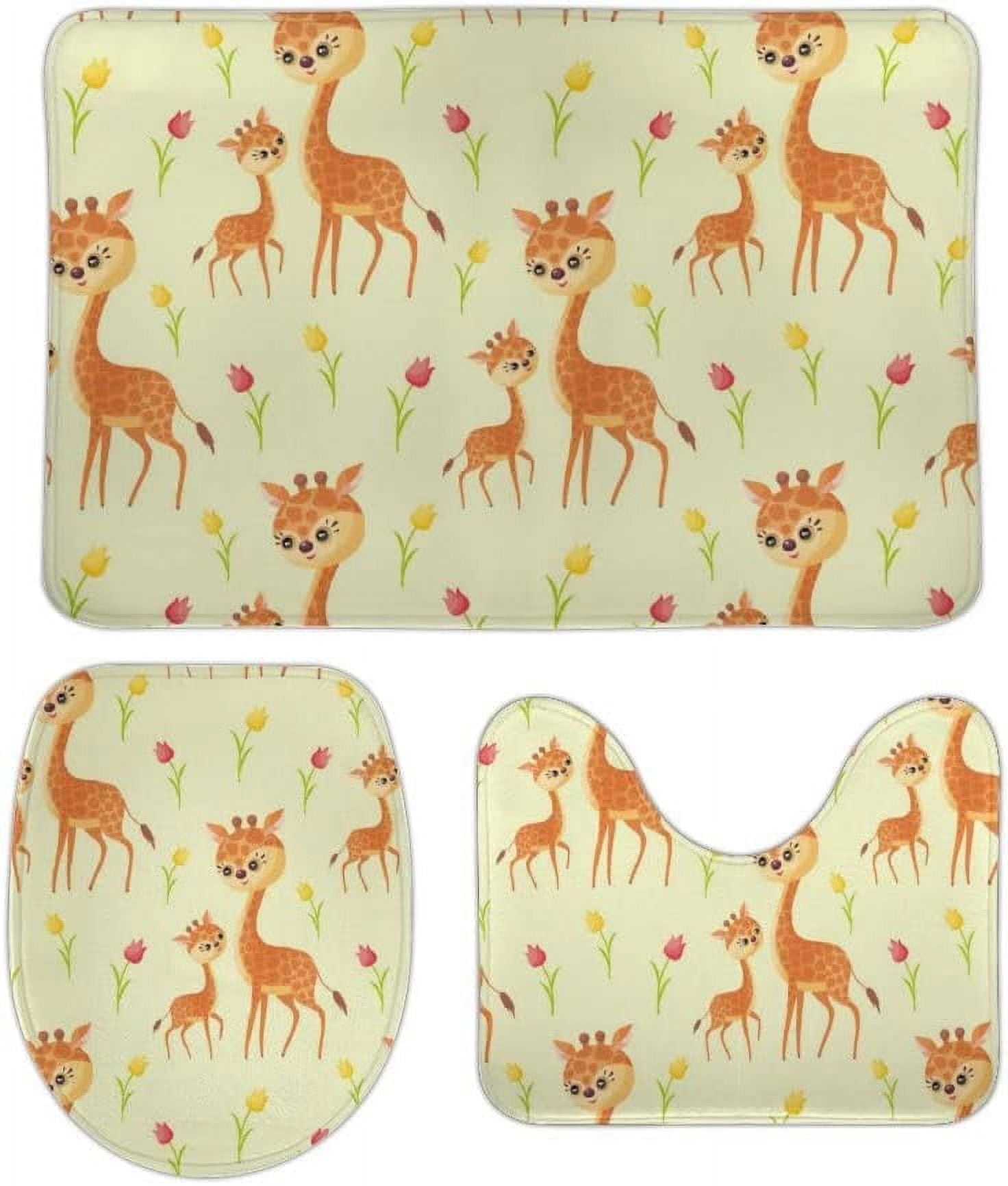 SKYSONIC Non-Slip 3 Piece Bathroom Rug Set Giraffe Family Soft Contour ...