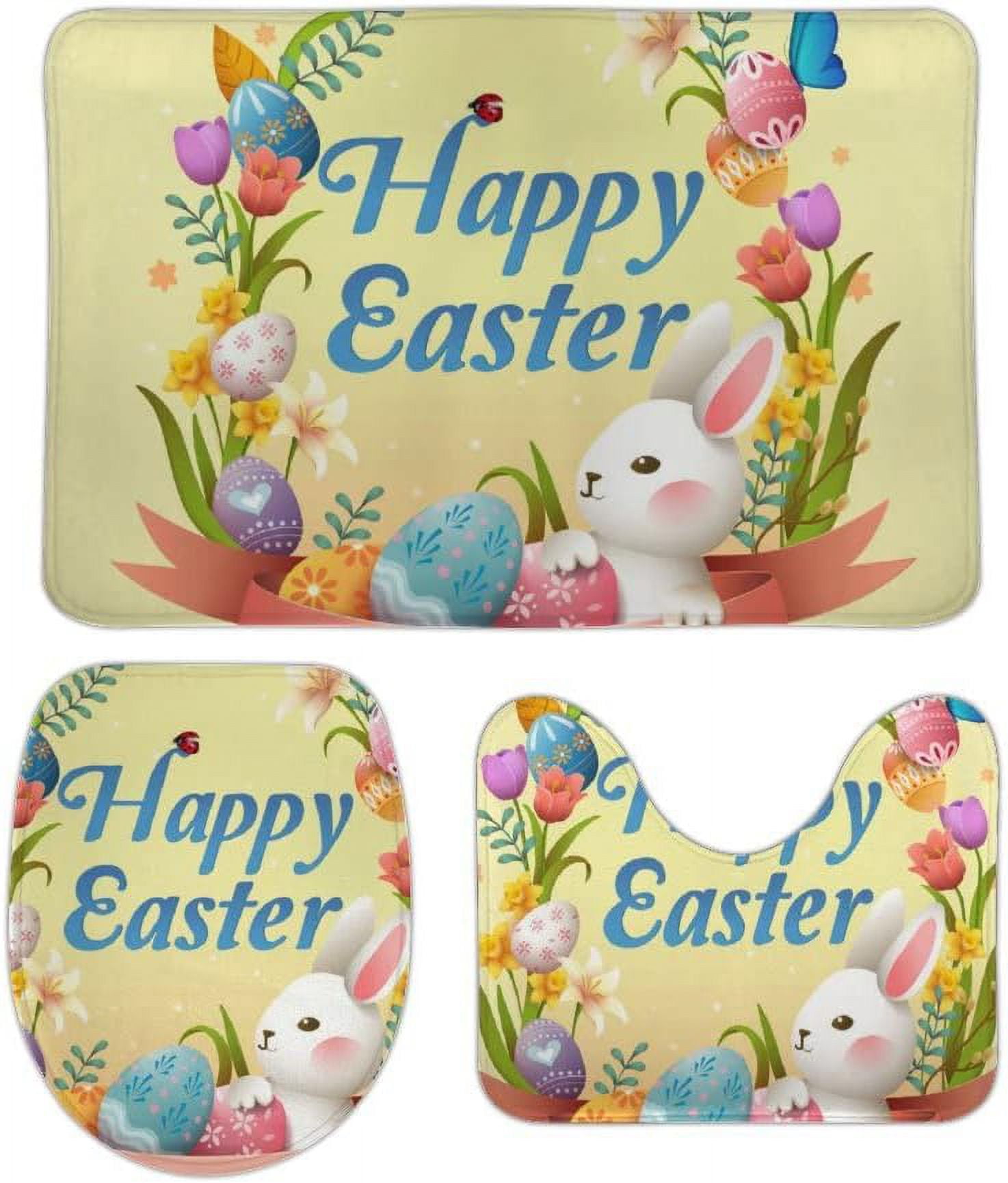 SKYSONIC Non-Slip 3 Piece Bathroom Rug Set Happy Easter Bunny Flower ...