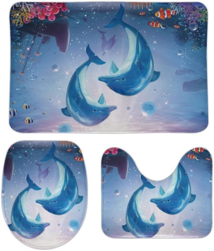 SKYSONIC Non-Slip 3 Piece Bathroom Rug Set Lovable Dolphin Family Soft ...