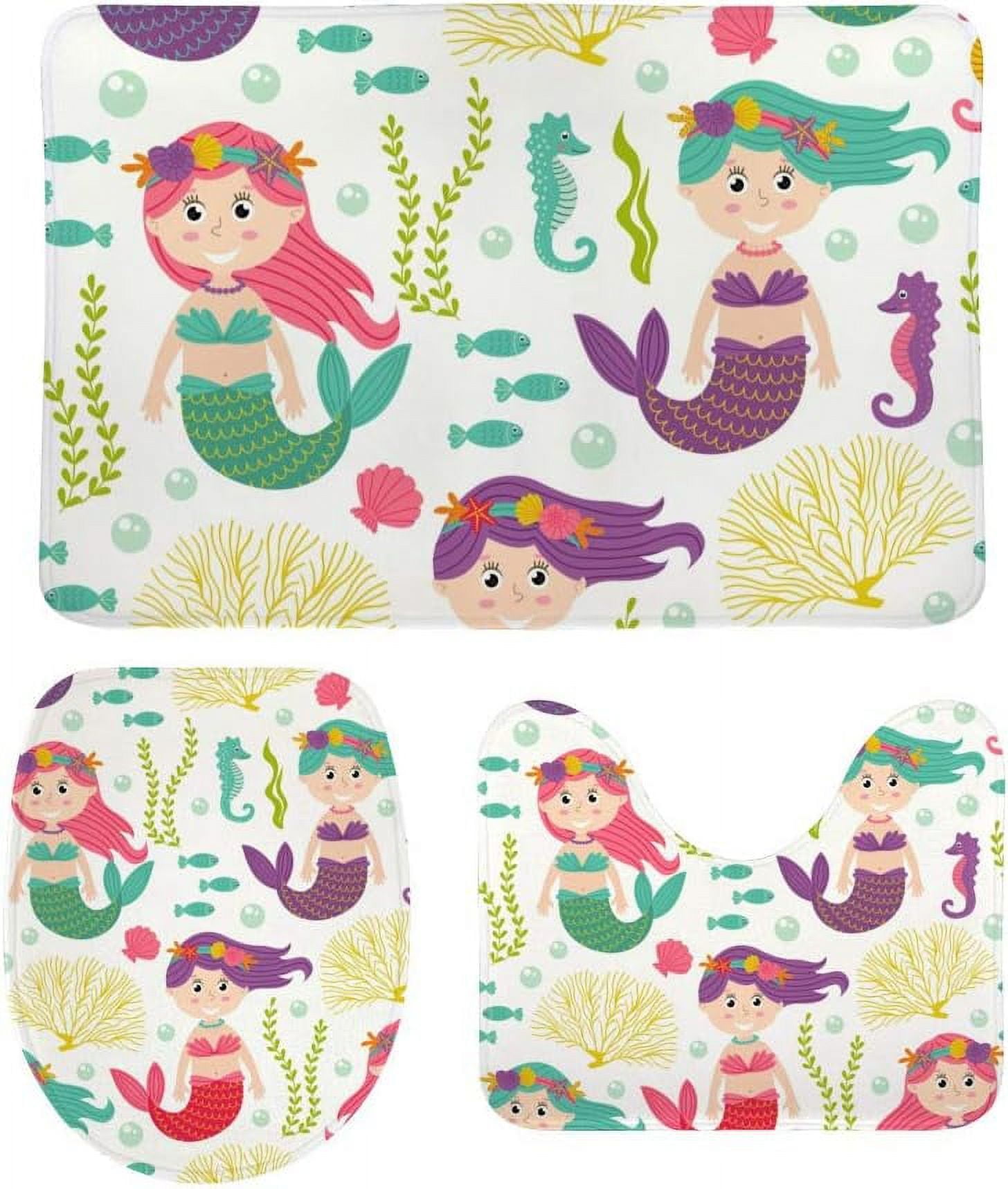 Non-Slip 3 Piece Bathroom Rug Set Mermaids Sea Horses Soft Contour Rug ...