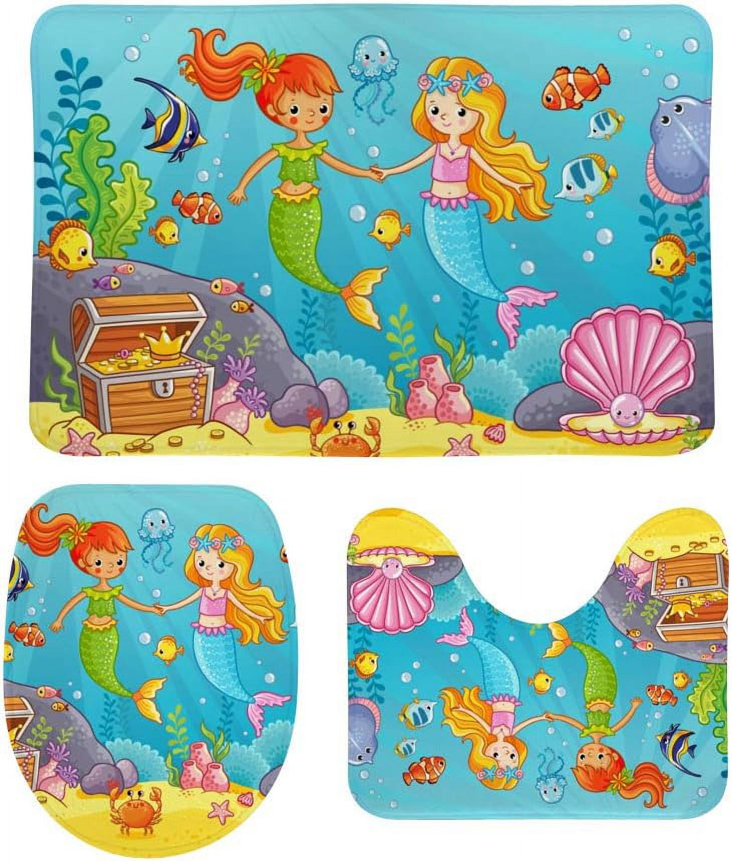 SKYSONIC Non-Slip 3 Piece Bathroom Rug Set Mermaids Undersea Soft ...