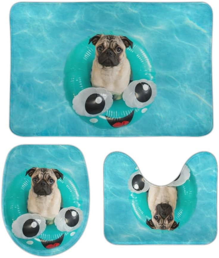 SKYSONIC Non-Slip 3 Piece Bathroom Rug Set Pug Puppy Floating in a Fun ...
