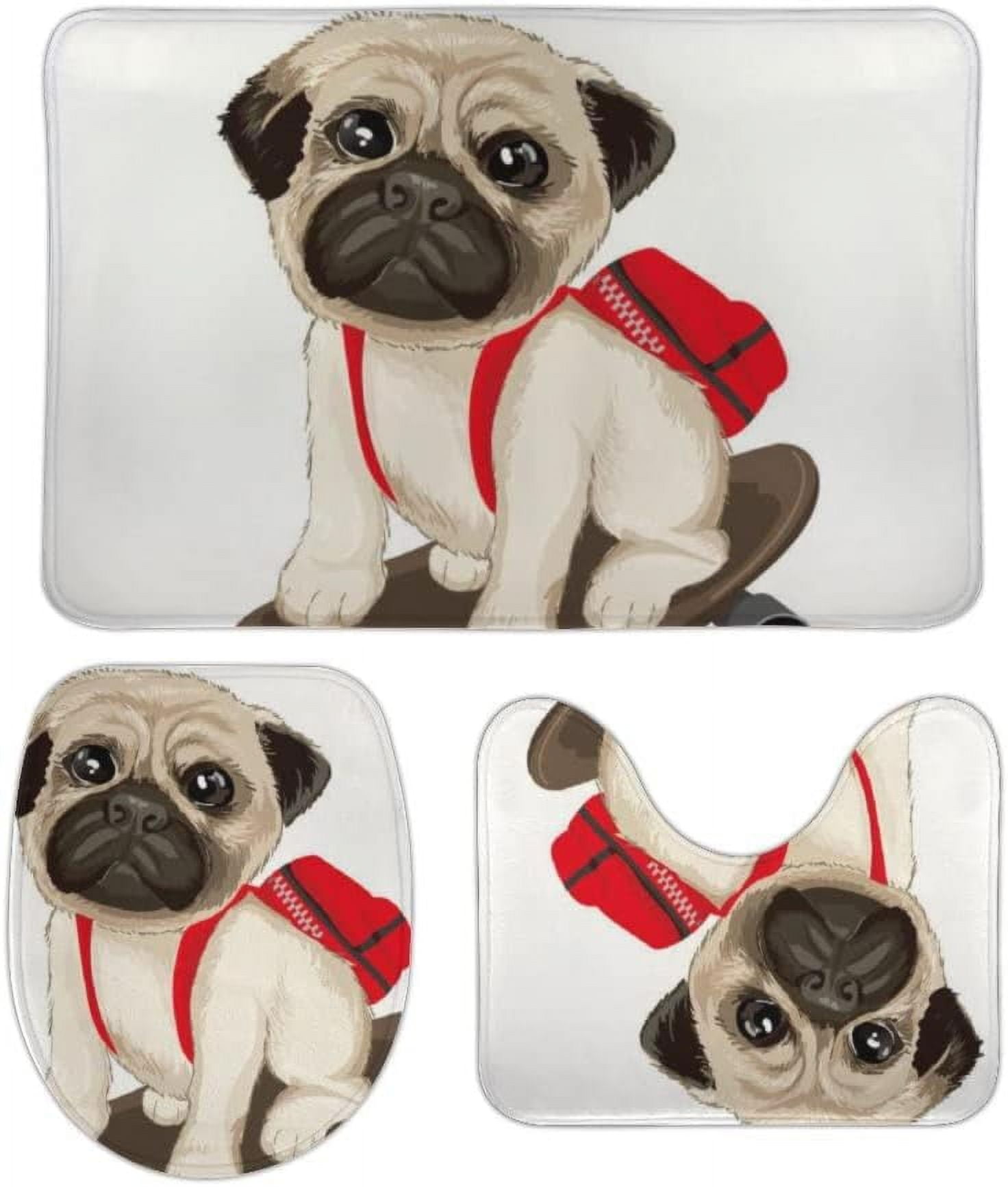 SKYSONIC Non-Slip 3 Piece Bathroom Rug Set Puppy Pug with Skateboarding ...
