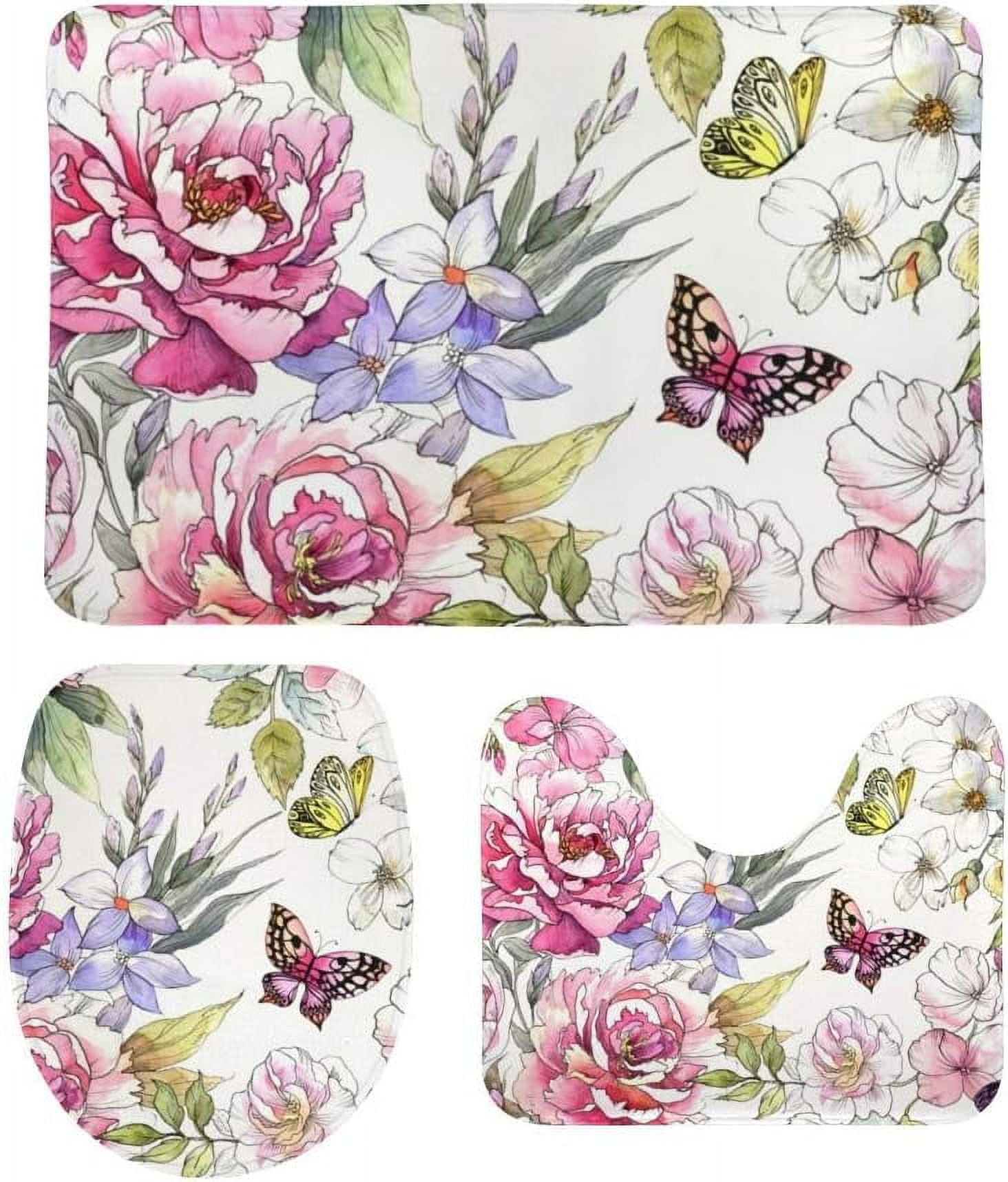 SKYSONIC Non-Slip 3 Piece Bathroom Rug Set Rose Flowers Butterflies ...