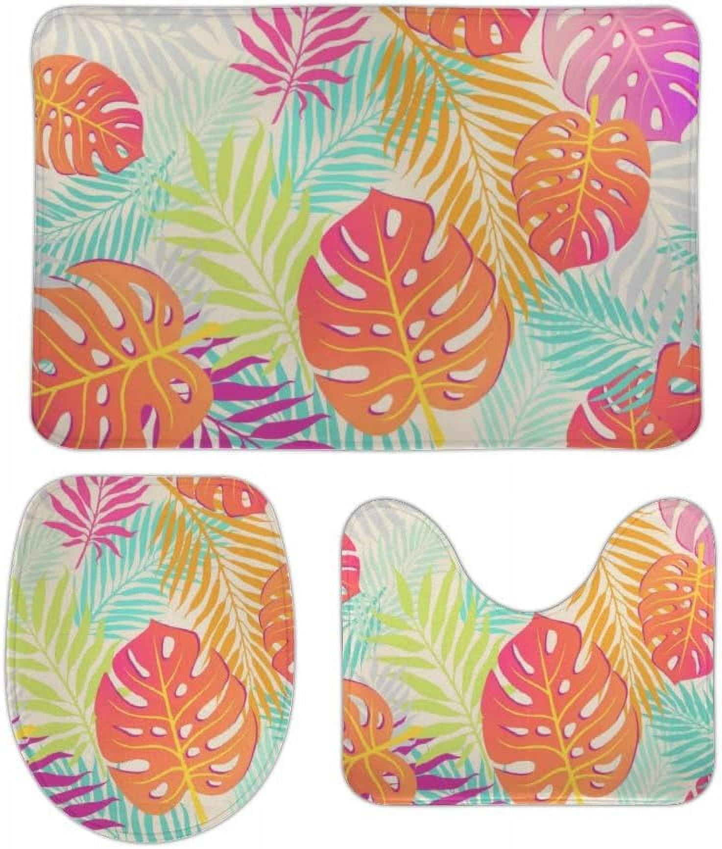 SKYSONIC Non-Slip 3 Piece Bathroom Rug Set Summer Exotic Floral Palm ...