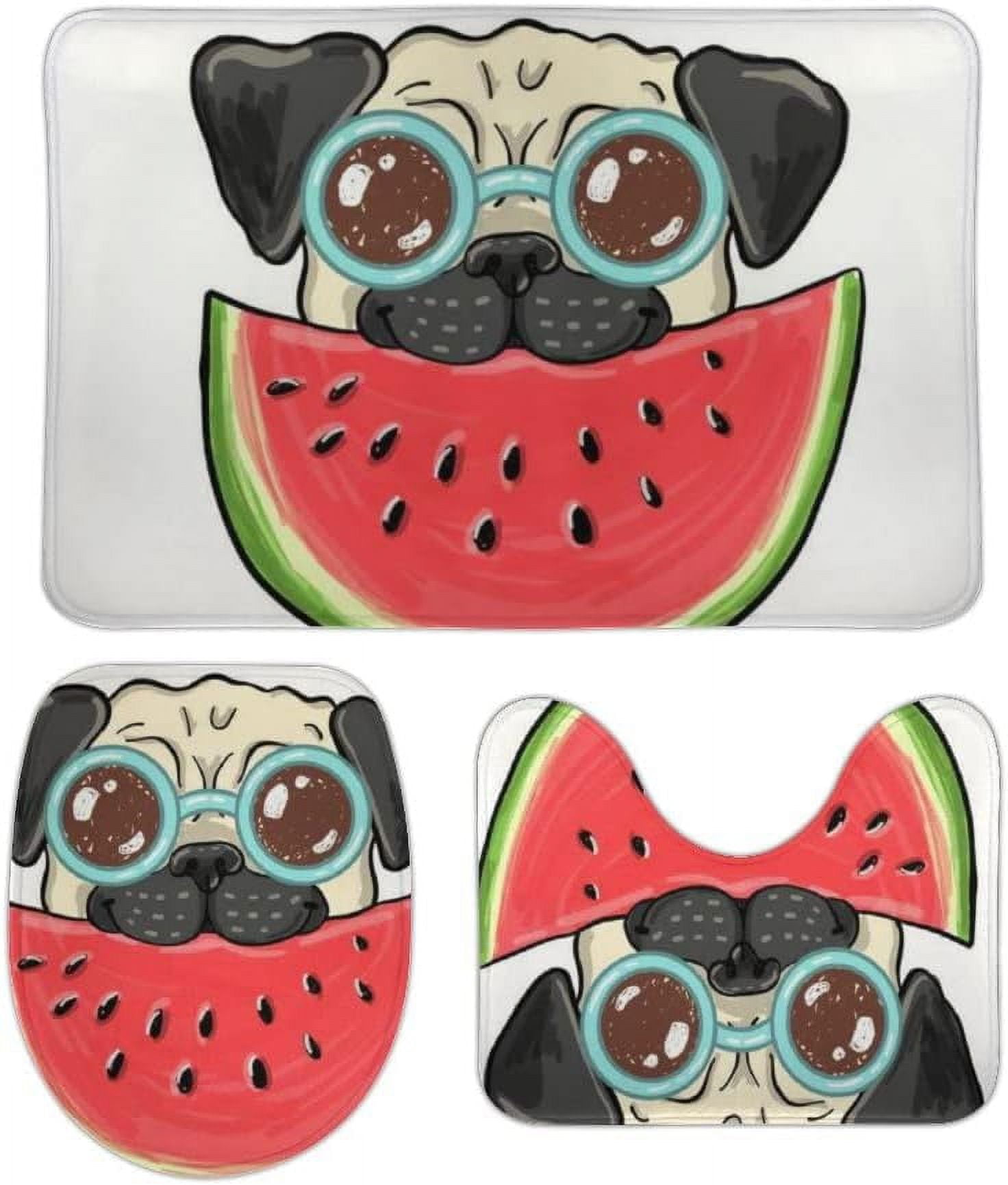 SKYSONIC Non-Slip 3 Piece Bathroom Rug Set Summer Pug Dog Eating ...