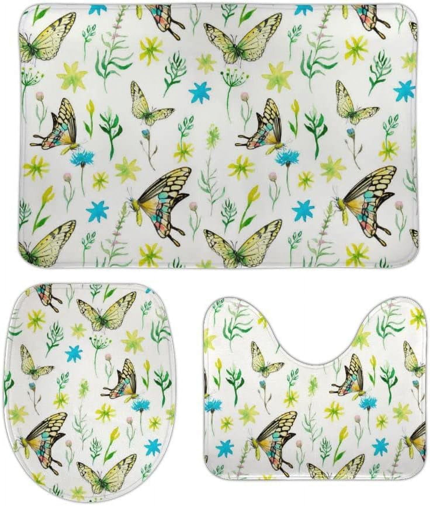 SKYSONIC Non-Slip 3 Piece Bathroom Rug Set Watercolor Butterflies and ...