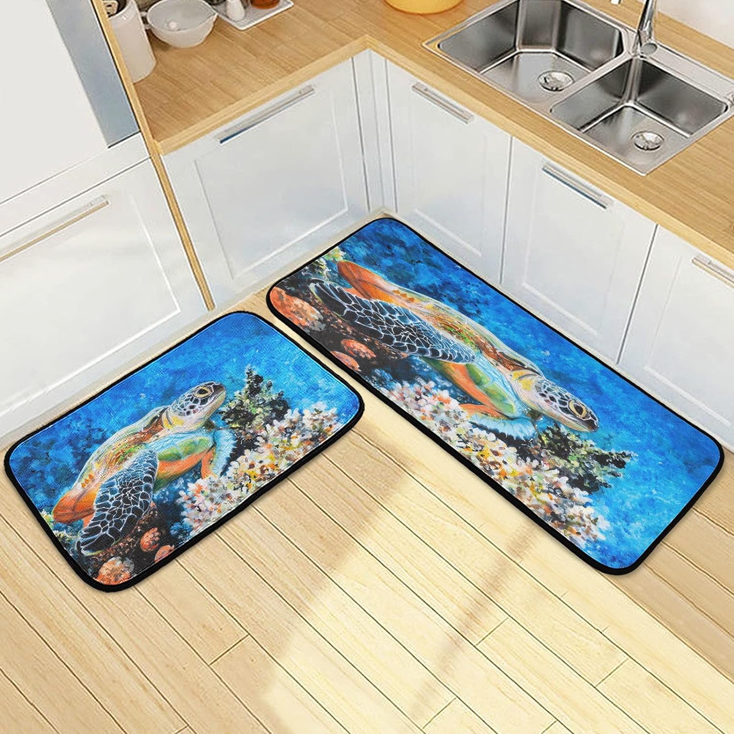 SKYSONIC Ocean Sea Turtle Kitchen Mats and Rugs Beautiful Ocean Corrals ...