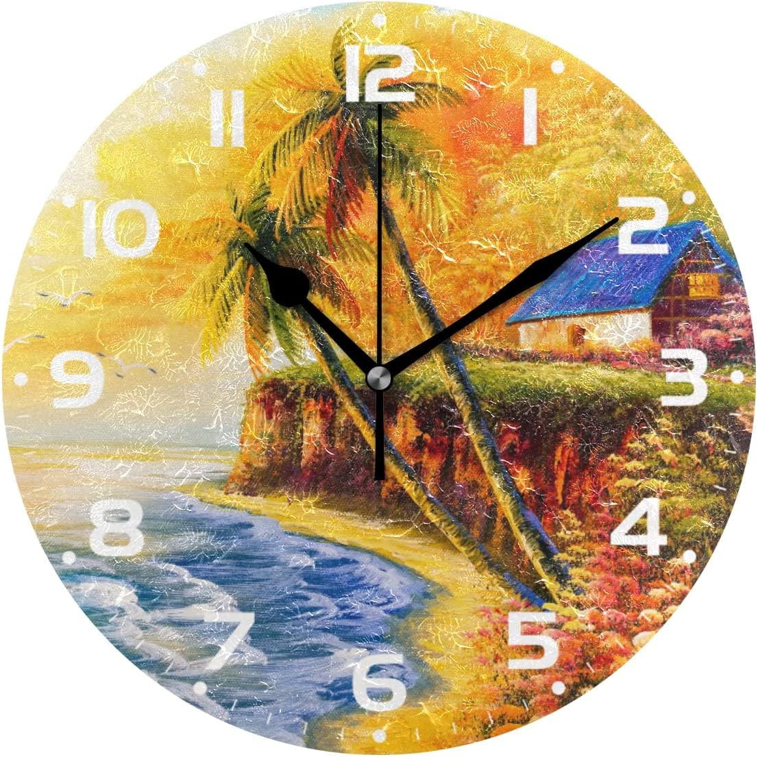 SKYSONIC Oil Painting Wall Clock 10 Inch Silent Non Ticking Round Clock ...