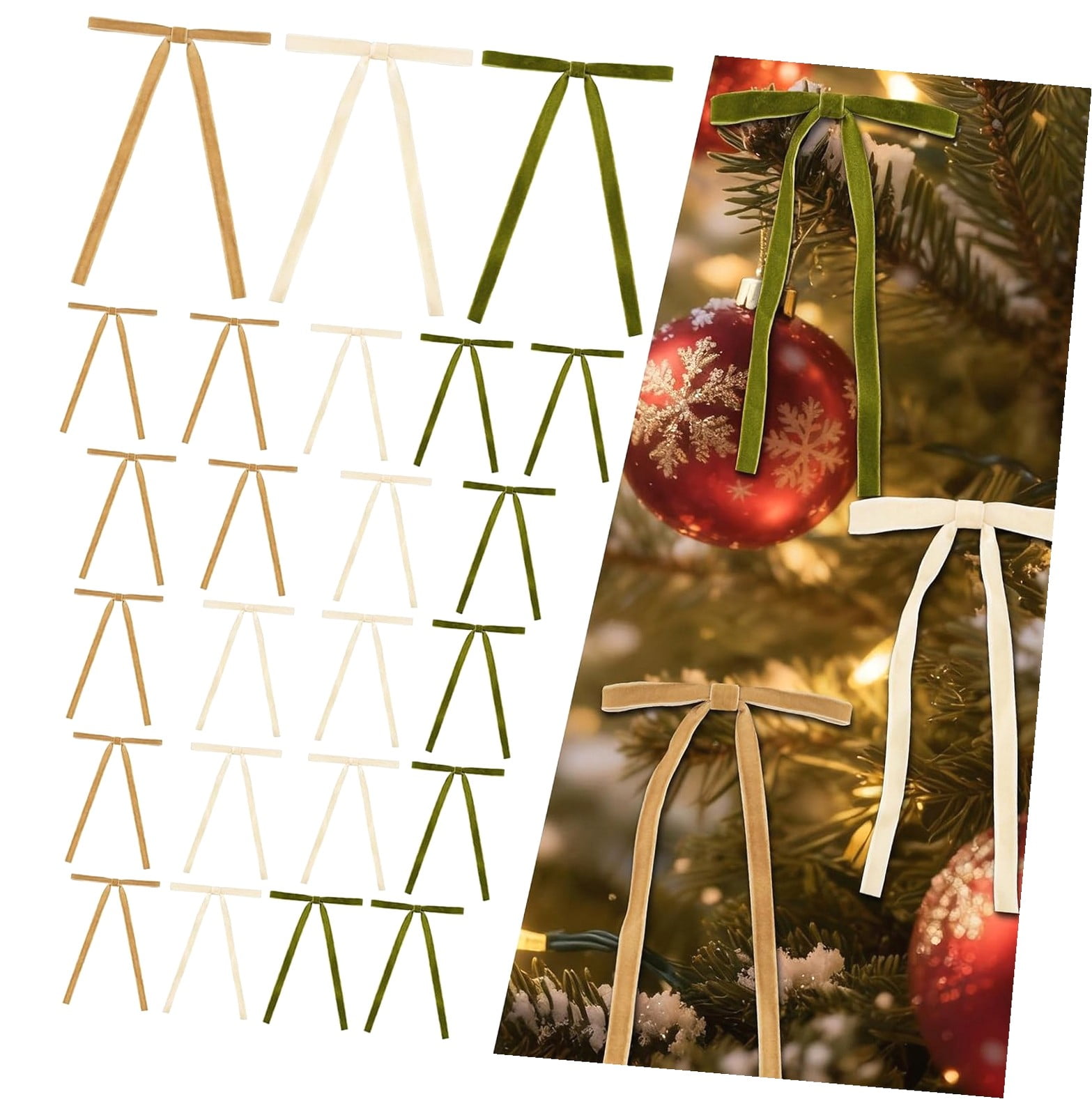 SKYSONIC Olive Khaki Beige Velvet Christmas Tree Bows 24-Pack, 5x7 Pre ...