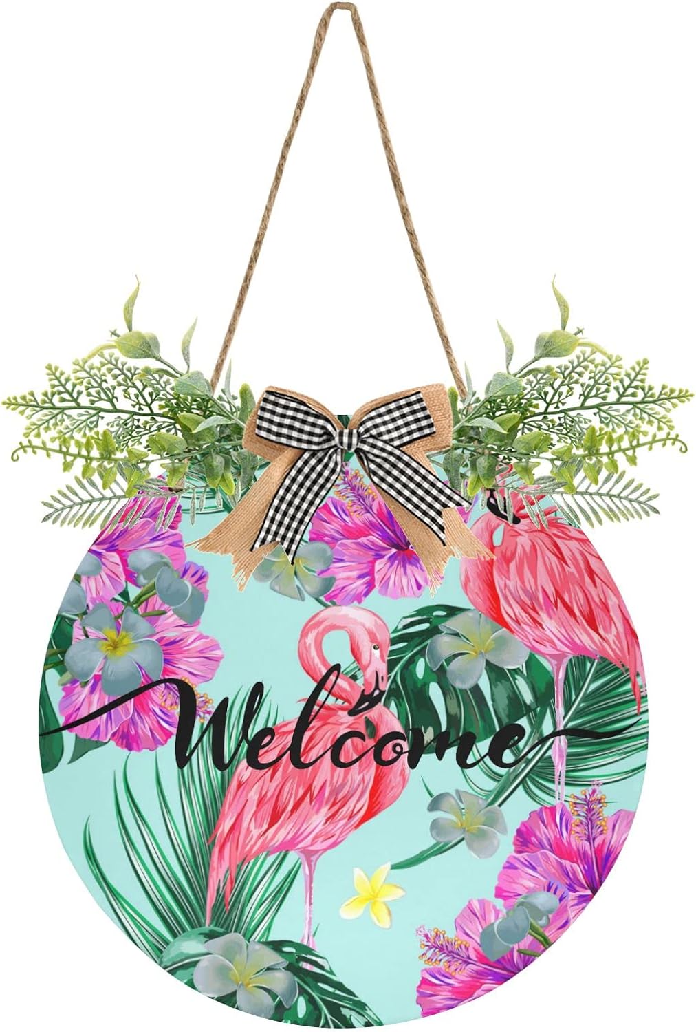 SKYSONIC Palm Flamingo Welcome Sign Front Door Decor Round Door Hanging ...