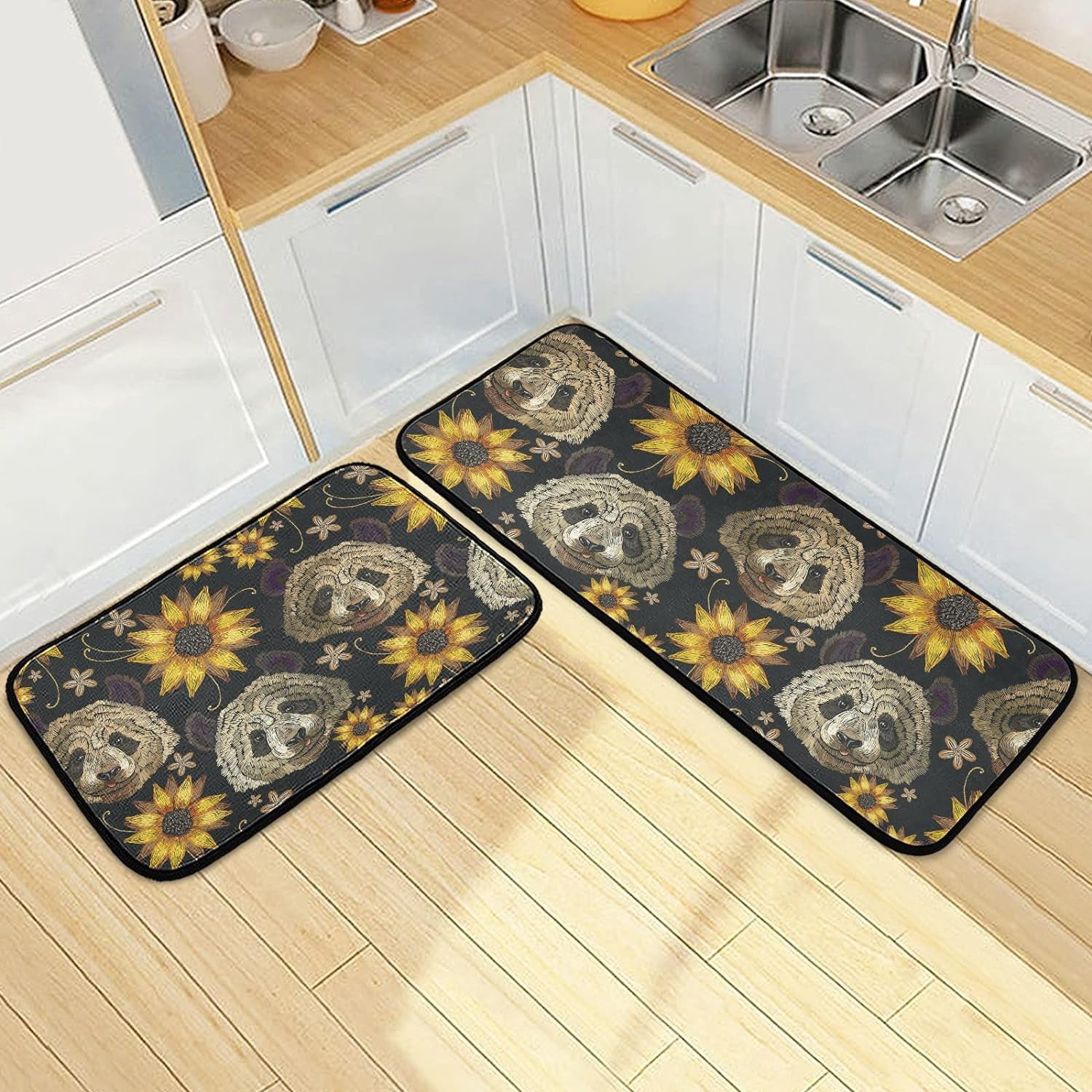 SKYSONIC Panda Head Sunflowers Kitchen Rugs Set of 2, Yellow Floral ...