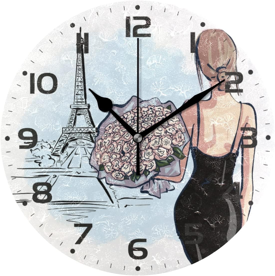 SKYSONIC Paris Eiffel Tower Stylish Girl Wall Clock 10 Inch Silent Non ...