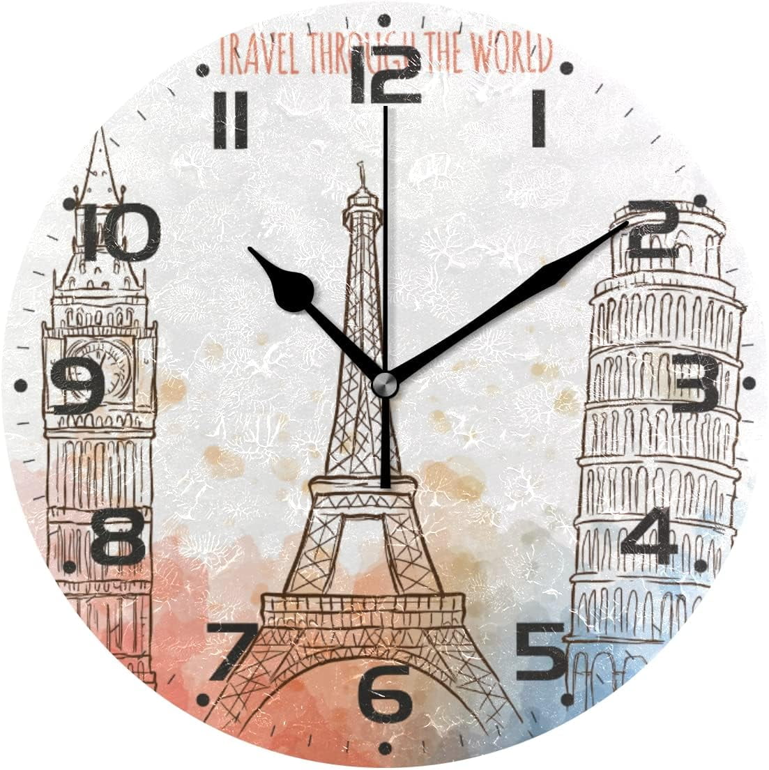 SKYSONIC Paris Eiffel Tower Wall Clock 10 Inch Silent Non Ticking Round ...