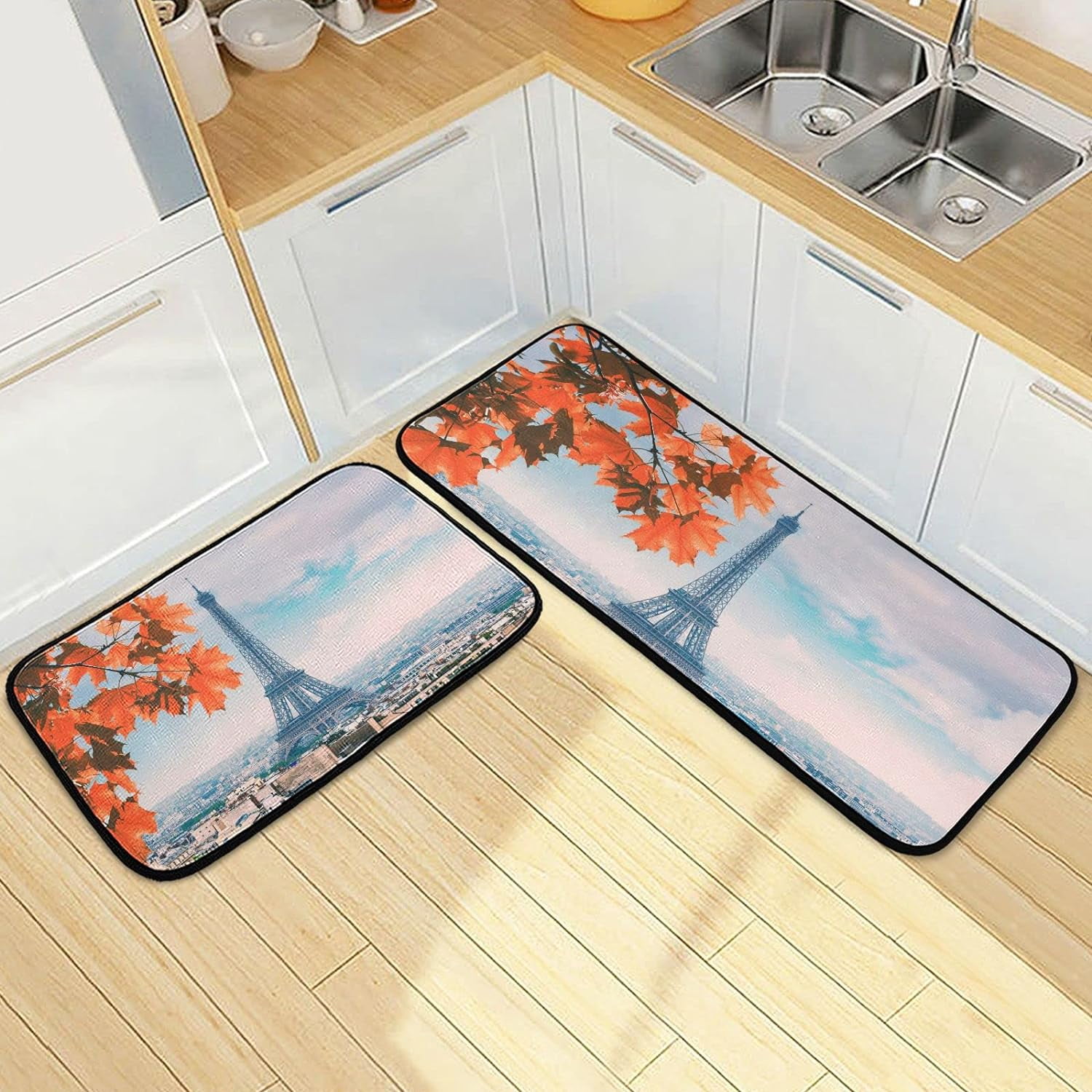 SKYSONIC Paris Red Maple Autumn Kitchen Rugs Set of 2, Eiffel Tower ...