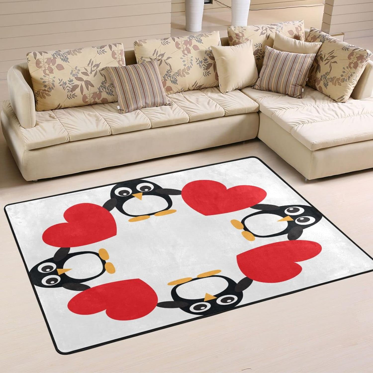 SKYSONIC Penguin Heart Love Non-Slip Area Rug, Valentines Day Floor ...