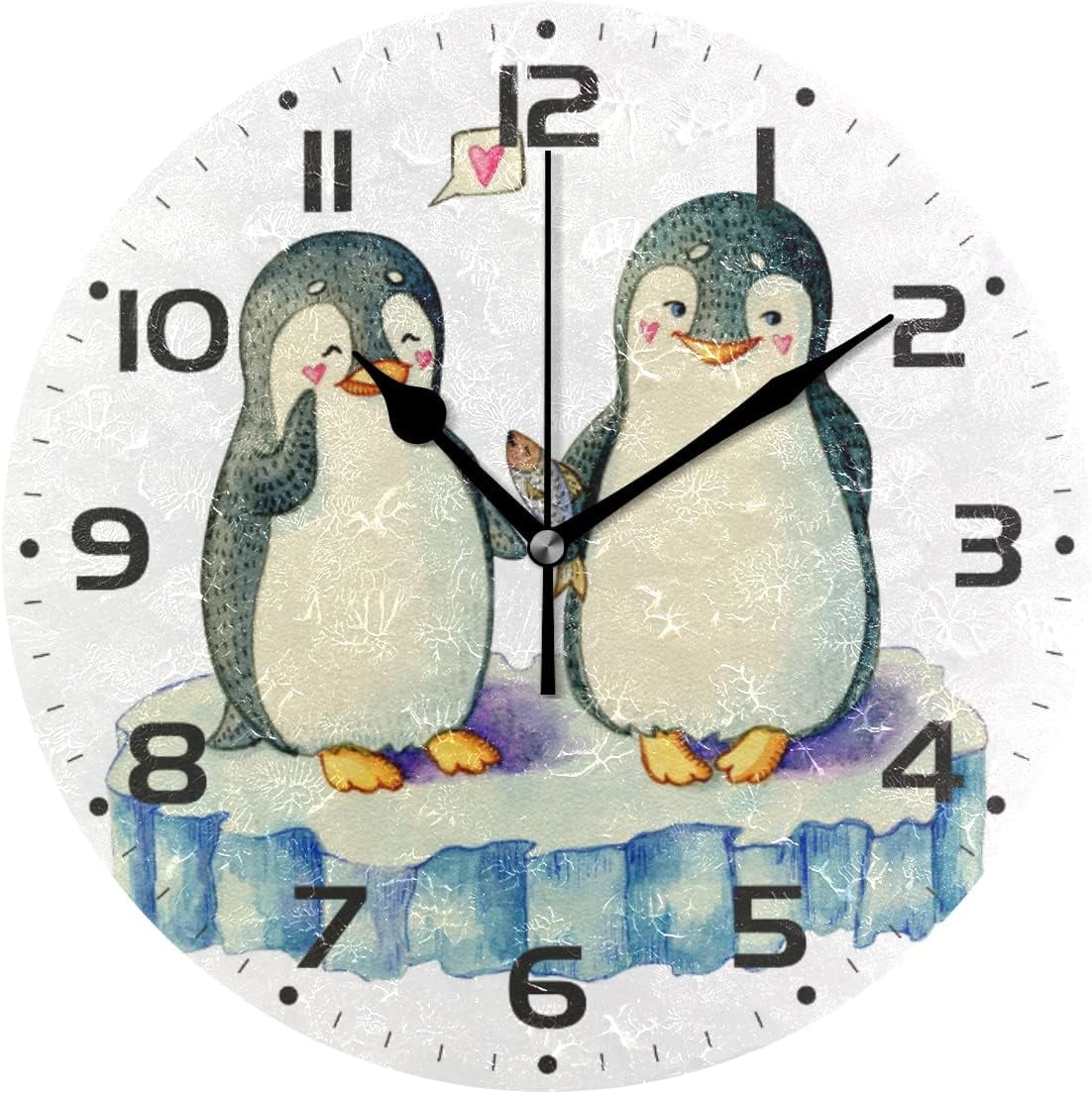 SKYSONIC Penguin Watercolor Wall Clock 10 Inch Silent Non Ticking Round ...