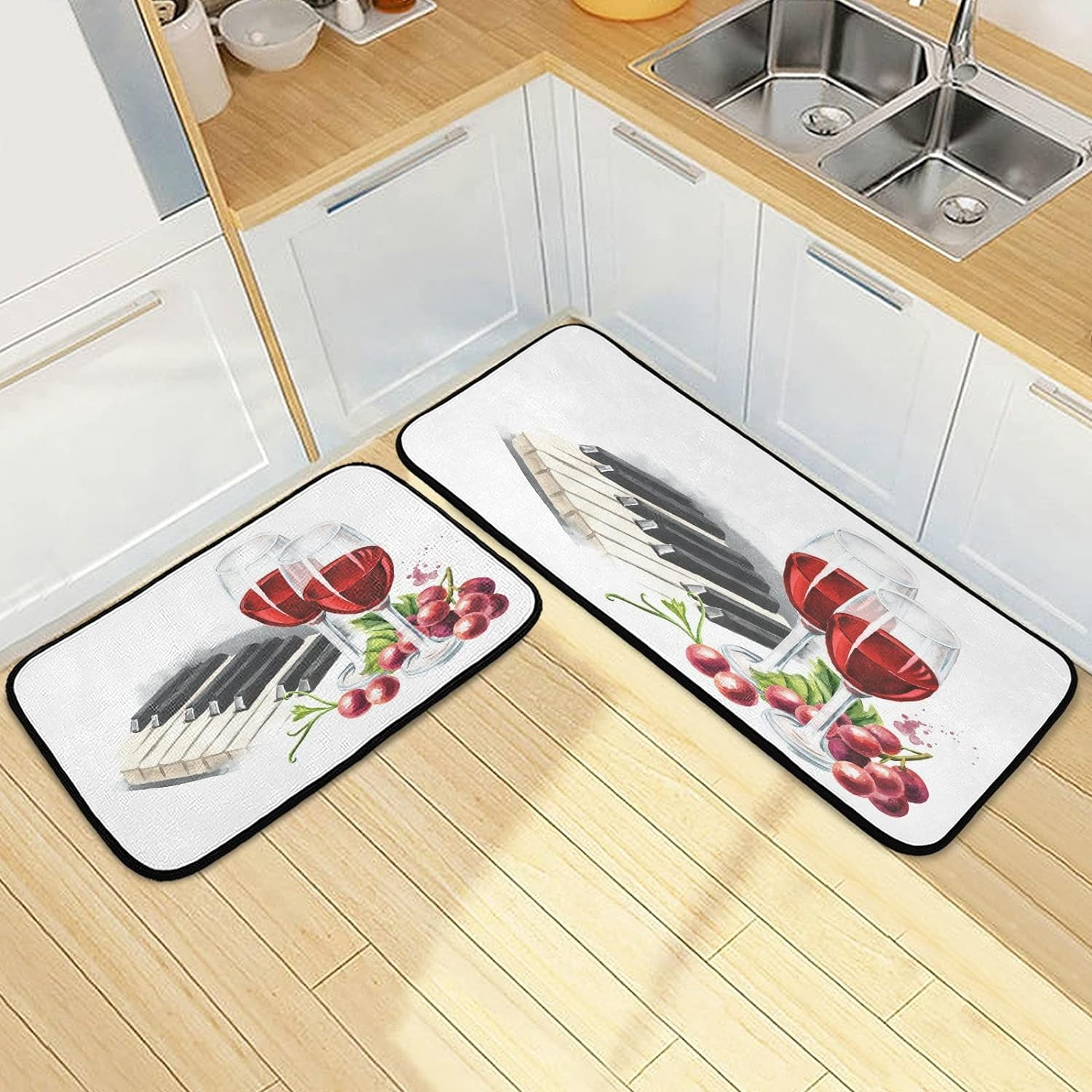 SKYSONIC Piano Keys Wine Kitchen Rugs Set of 2, Grapes Watercolor Floor ...