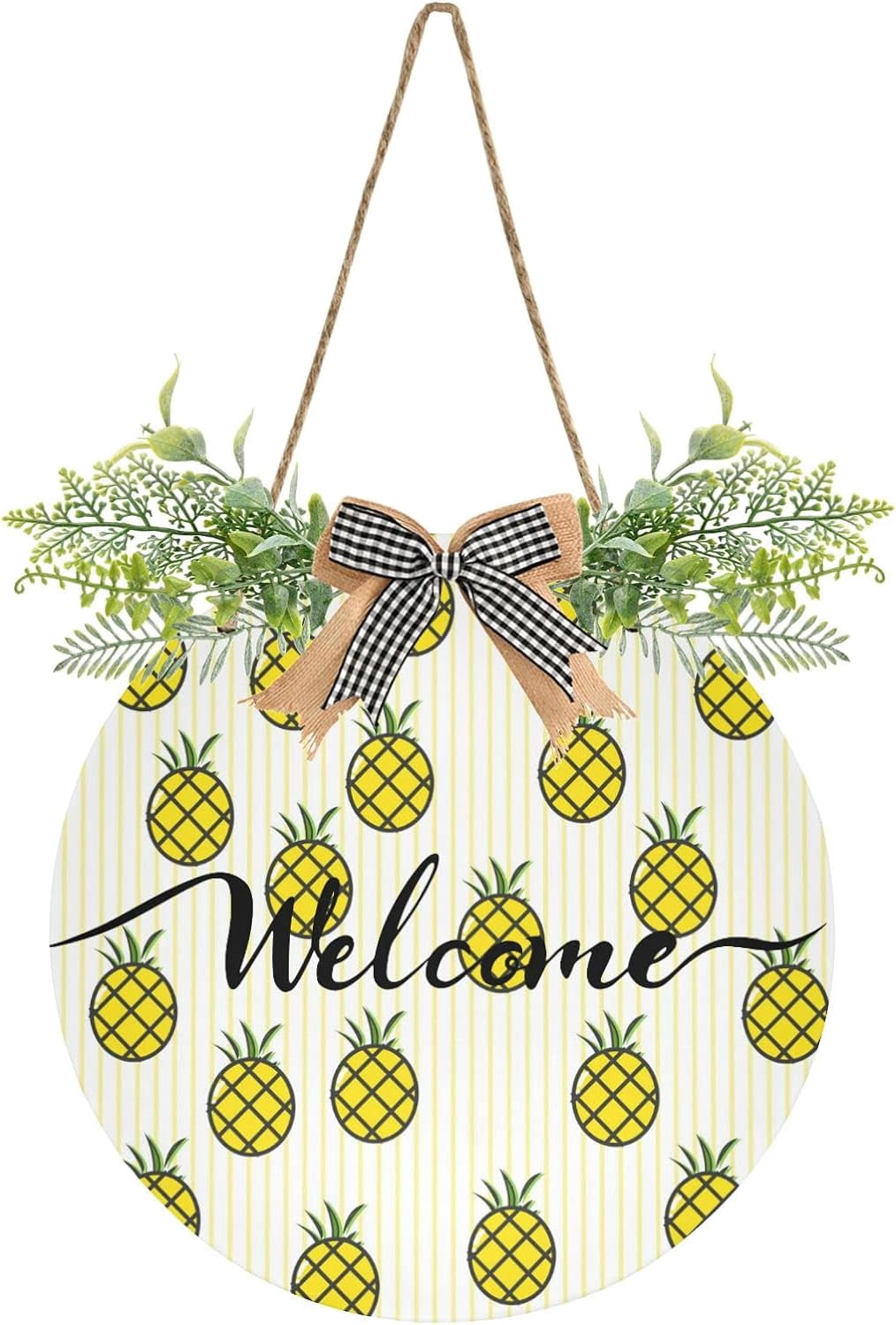 SKYSONIC Pineapple Yellow Stripe Welcome Sign Front Door Decor Round ...