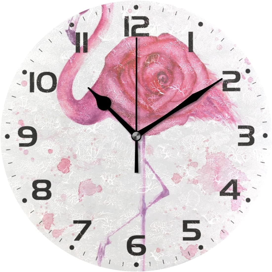 SKYSONIC Pink Flamingo with Pink Rose Wall Clock 10 Inch Silent Non ...