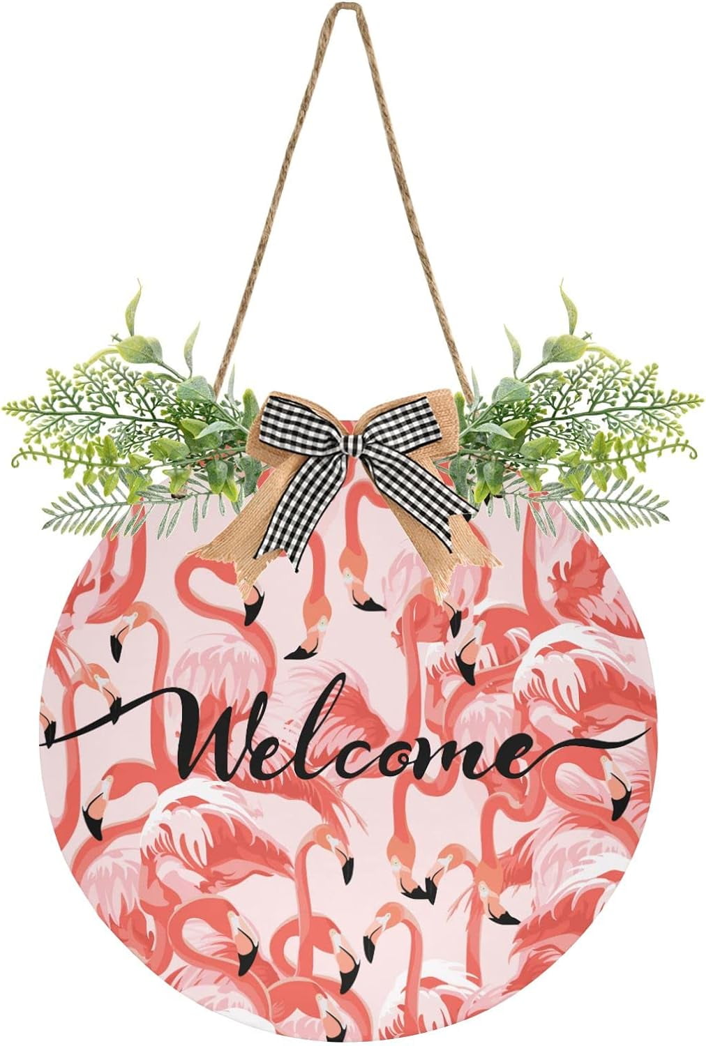 SKYSONIC Pink Flamingo Welcome Sign Front Door Decor Round Door Hanging ...
