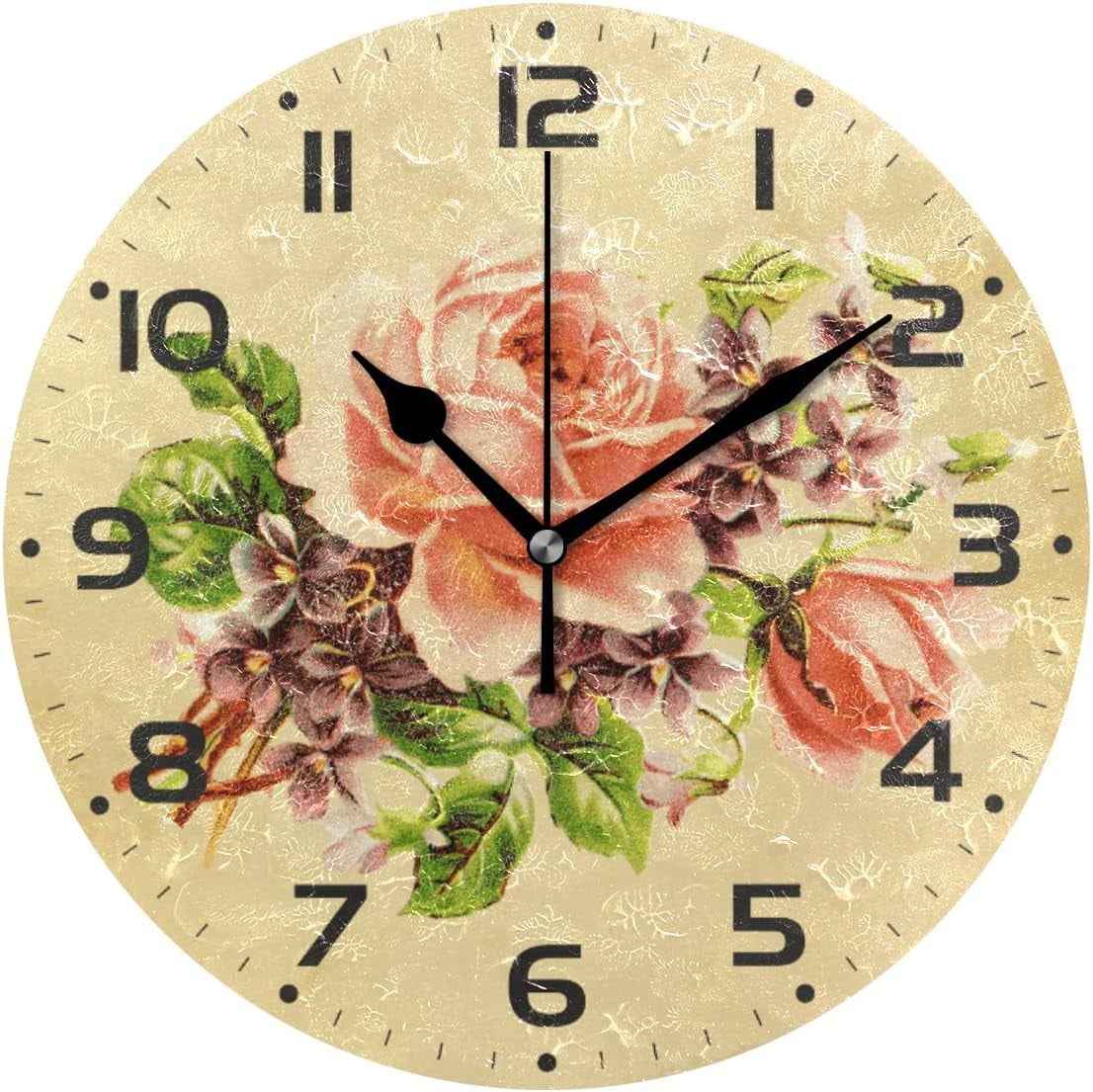 SKYSONIC Pink Flower Pattern Wall Clock 10 Inch Silent Non Ticking ...