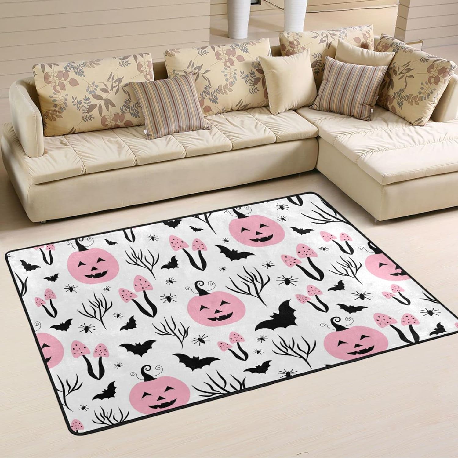 SKYSONIC Pink Pumpkin Halloween Non-Slip Area Rug, Bat Mushroom Spider ...