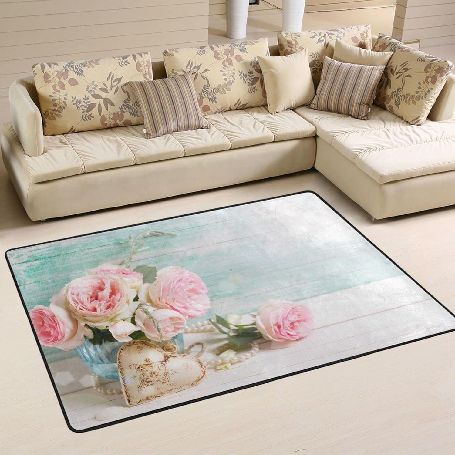 SKYSONIC Pink Roses Flowers Non-Slip Area Rug, Valentines Day Wedding ...