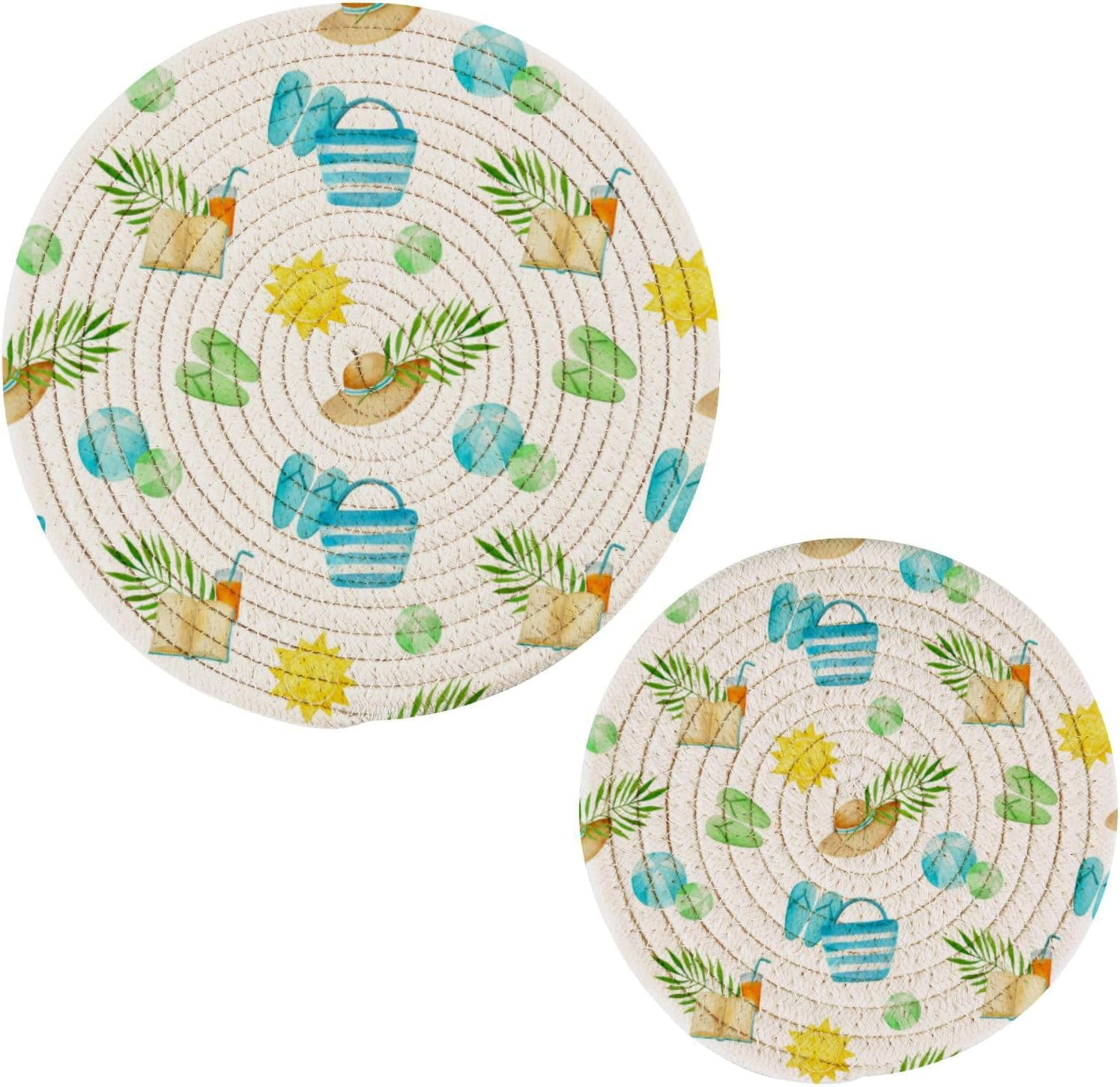 SKYSONIC Pot Holders Trivets set, 2 Pcs,Sun Hat Flip Flops Palm Leaves ...