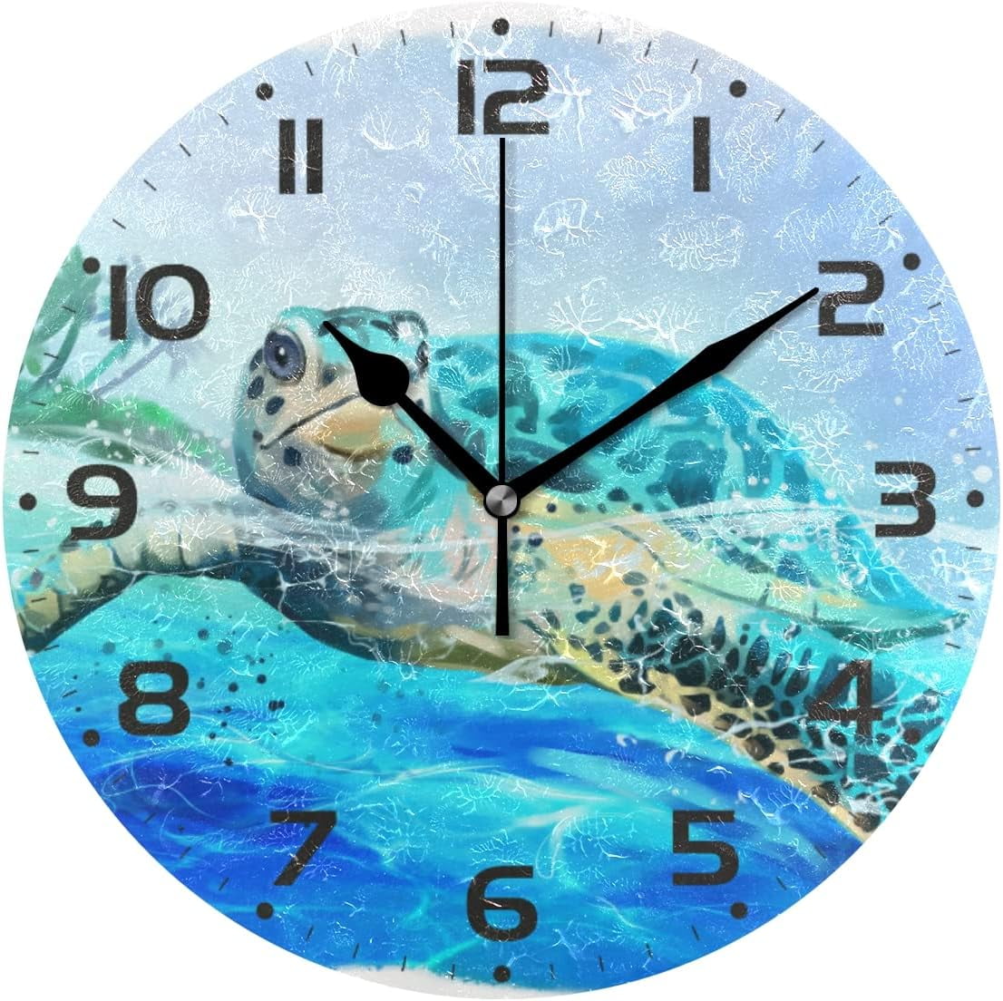 SKYSONIC Pretty Turtle Wall Clock 10 Inch Silent Non Ticking Round ...