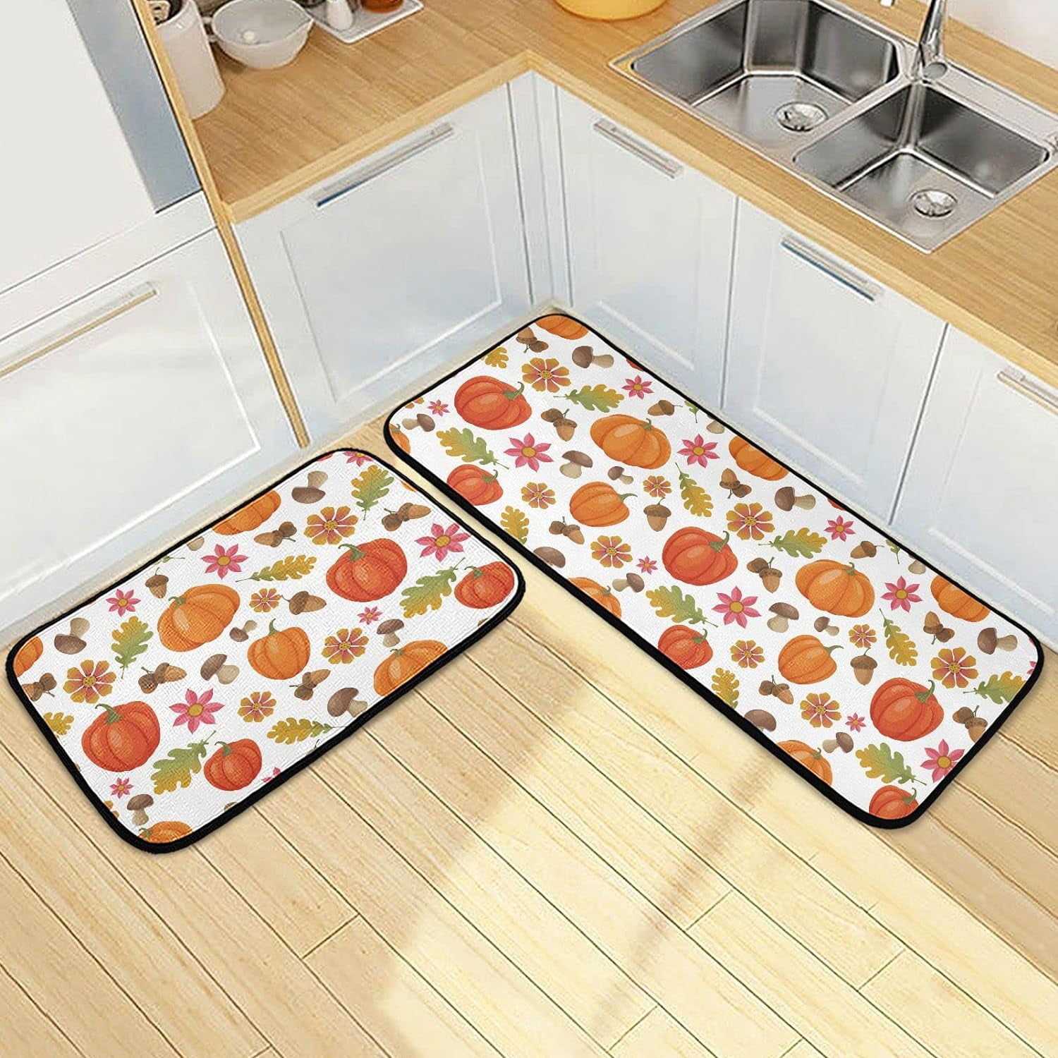 SKYSONIC Pumpkin Autumn Season Kitchen Rugs Set of 2, Flower Leaves ...