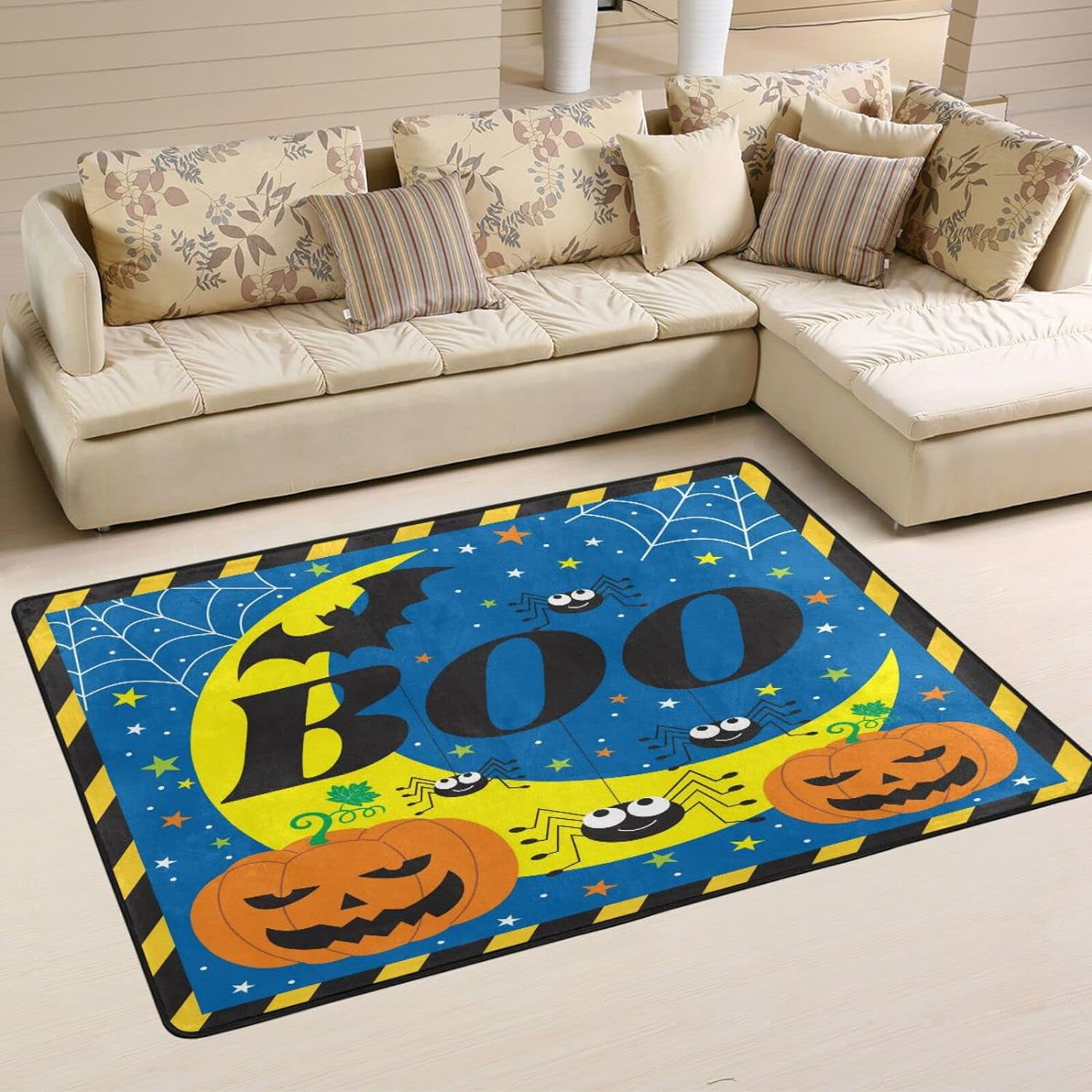 SKYSONIC Pumpkin Bat Spider Non-Slip Area Rug, Happy Halloween Boo ...