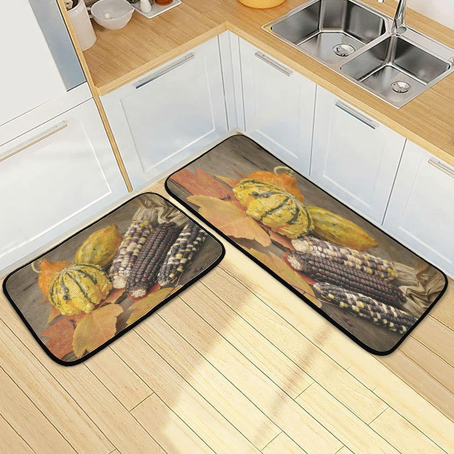 SKYSONIC Pumpkin Brown Corn Fall Kitchen Rugs Set of 2, Maple Leaves ...