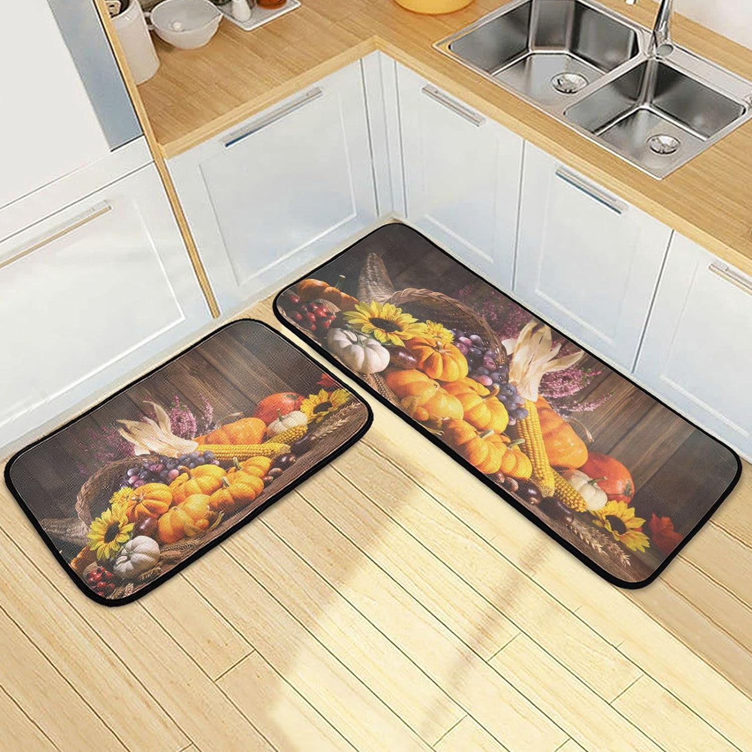 SKYSONIC Pumpkin Harvest Cornucopia Kitchen Rugs Set of 2, Old Wood ...