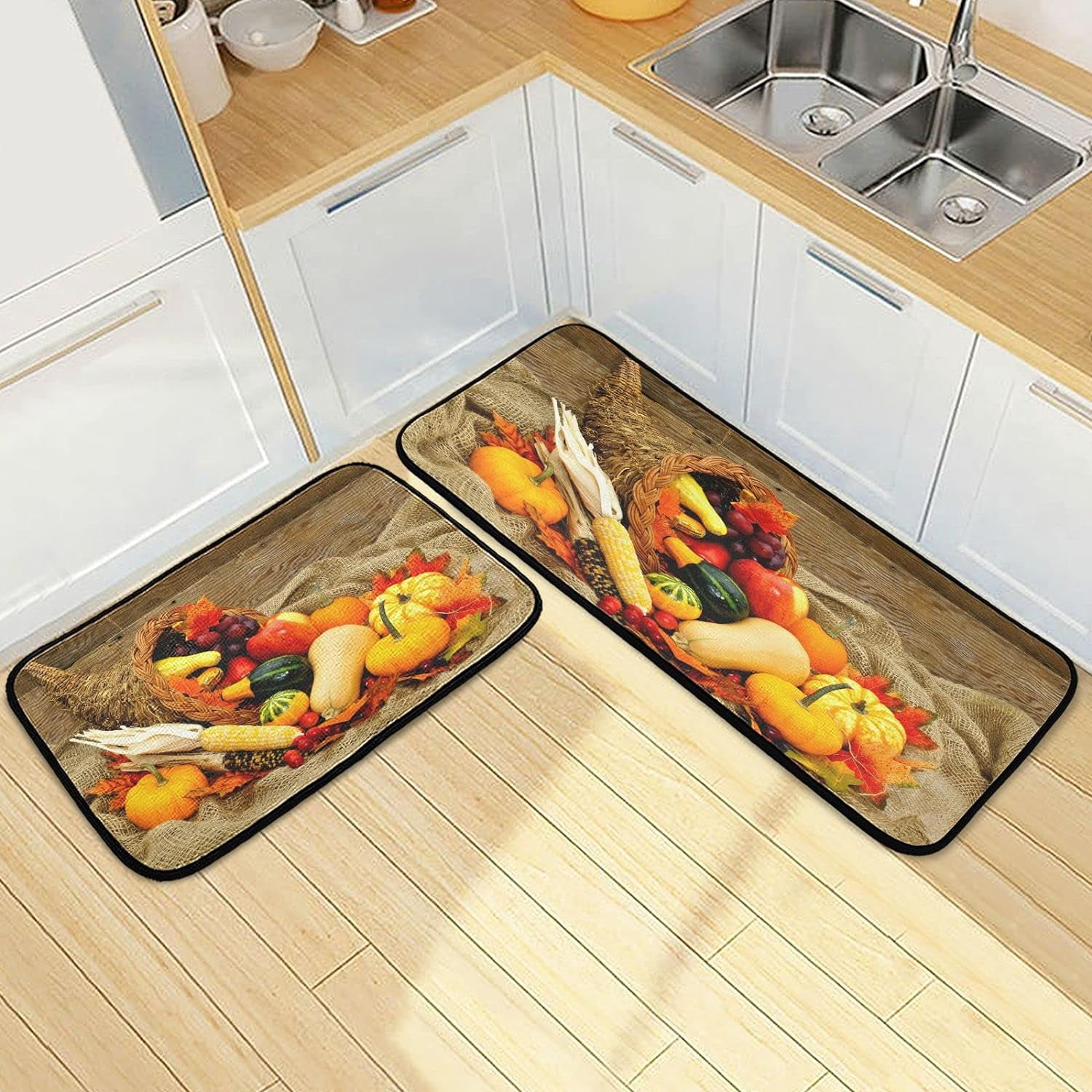 SKYSONIC Pumpkins Corn Cornucopia Kitchen Rugs Set of 2, Fall Rustic ...