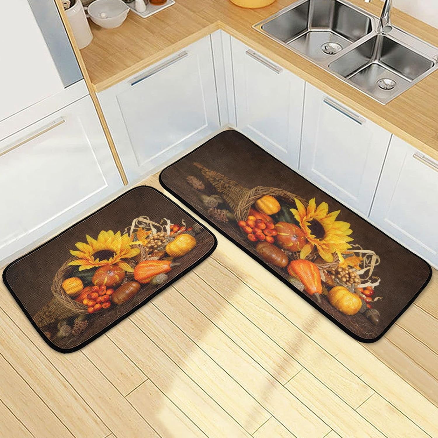 SKYSONIC Pumpkins Fall Cornucopia Kitchen Rugs Set of 2, Vintage Floor ...