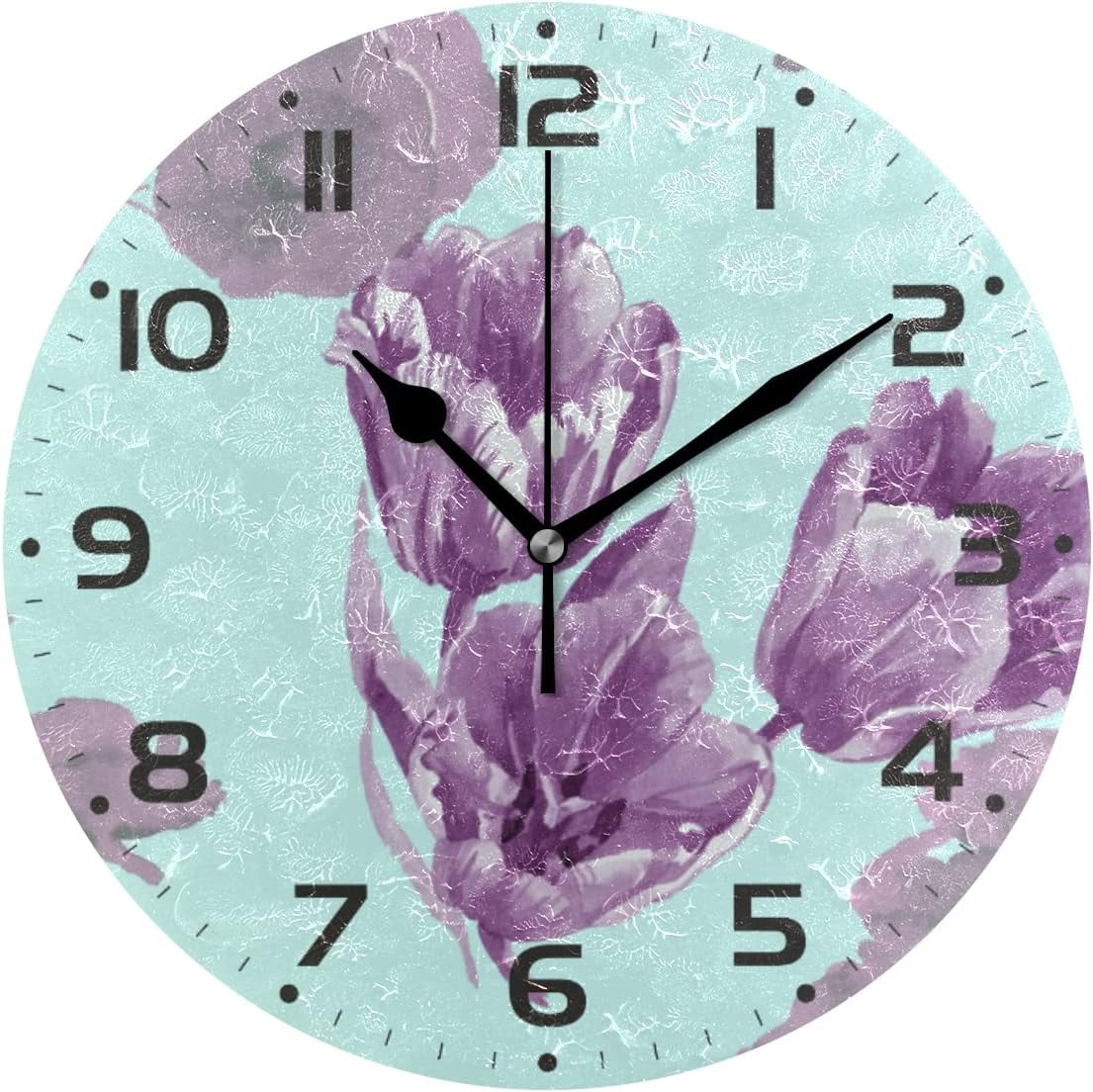 SKYSONIC Purple Flower Wall Clock 10 Inch Silent Non Ticking Round ...