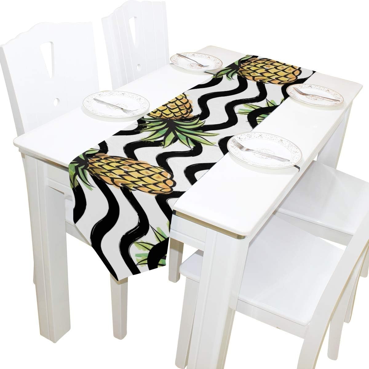SKYSONIC Rectangle Cloth Table Runner Pineapples On Black White Waves ...