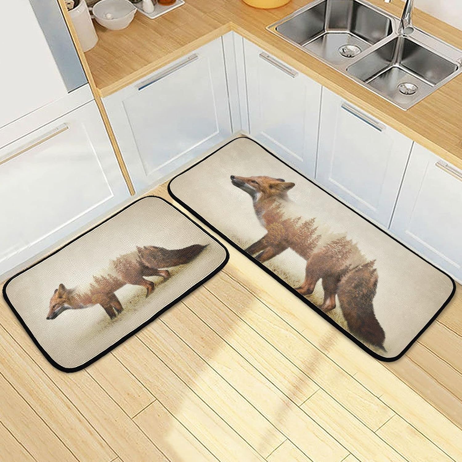 SKYSONIC Red Fox Forest Fall Kitchen Rugs Set of 2, Autumn Wild Animal ...