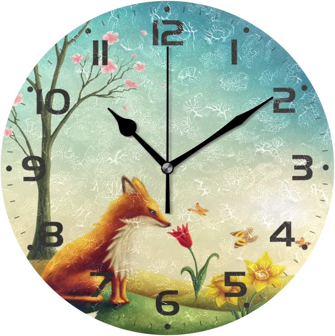 SKYSONIC Red Fox Wall Clock 10 Inch Silent Non Ticking Round Clock Oil ...