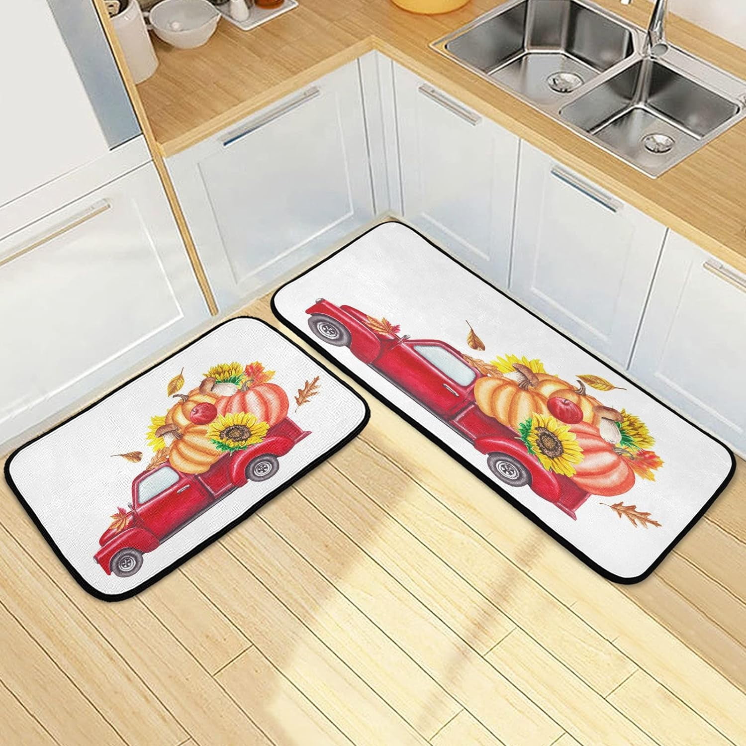 SKYSONIC Red Harvest Truck Kitchen Rugs Set of 2, Fall Pumpkins ...