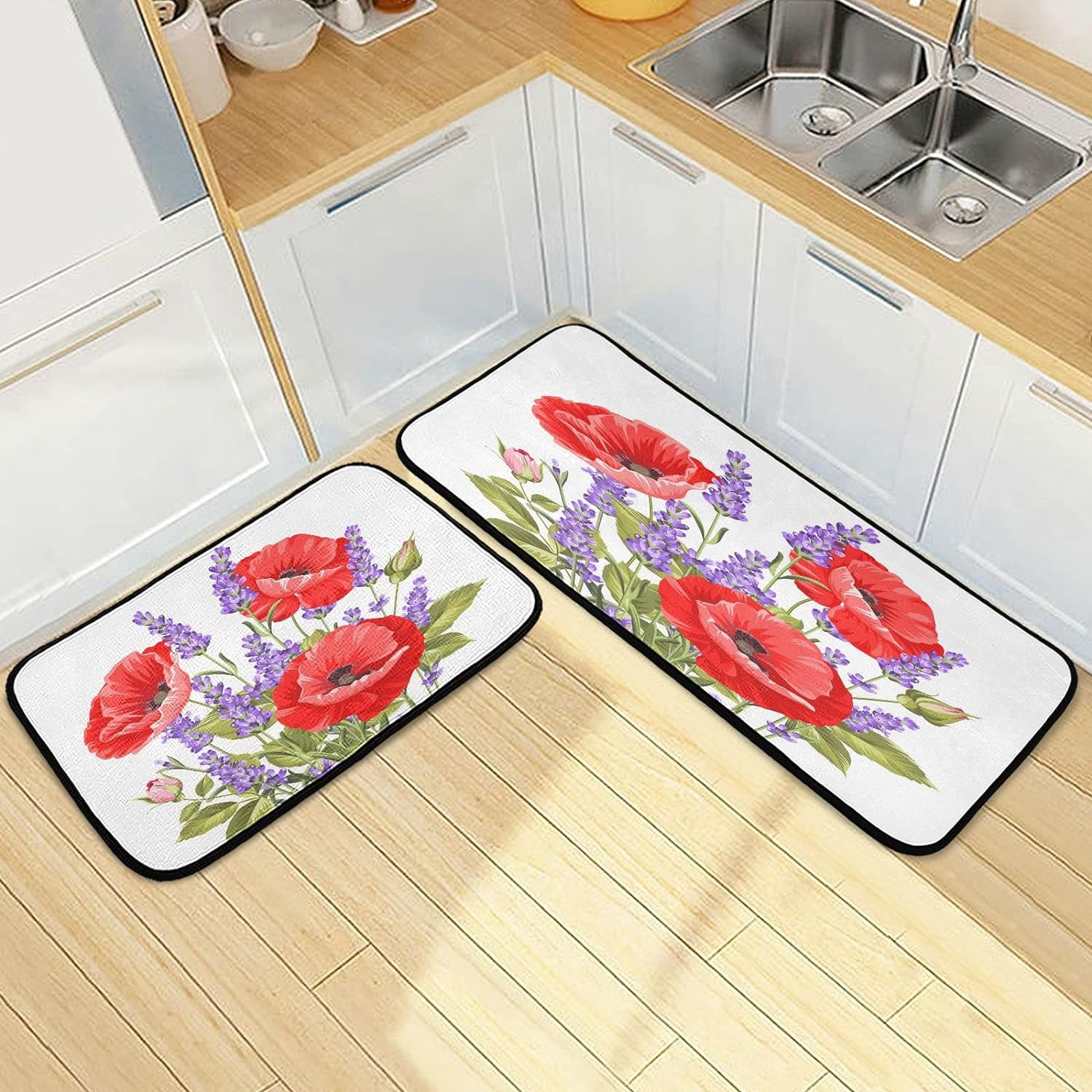 SKYSONIC Red Poppy Lavender Kitchen Rugs Set of 2, Watercolor Season ...