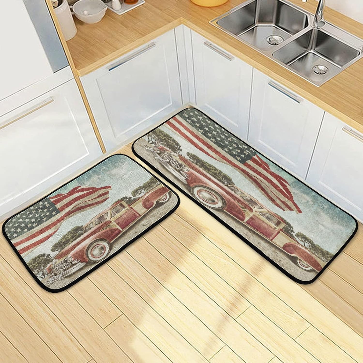 SKYSONIC Red Vintage Pick Up Truck Kitchen Mats and Rugs American Flag ...