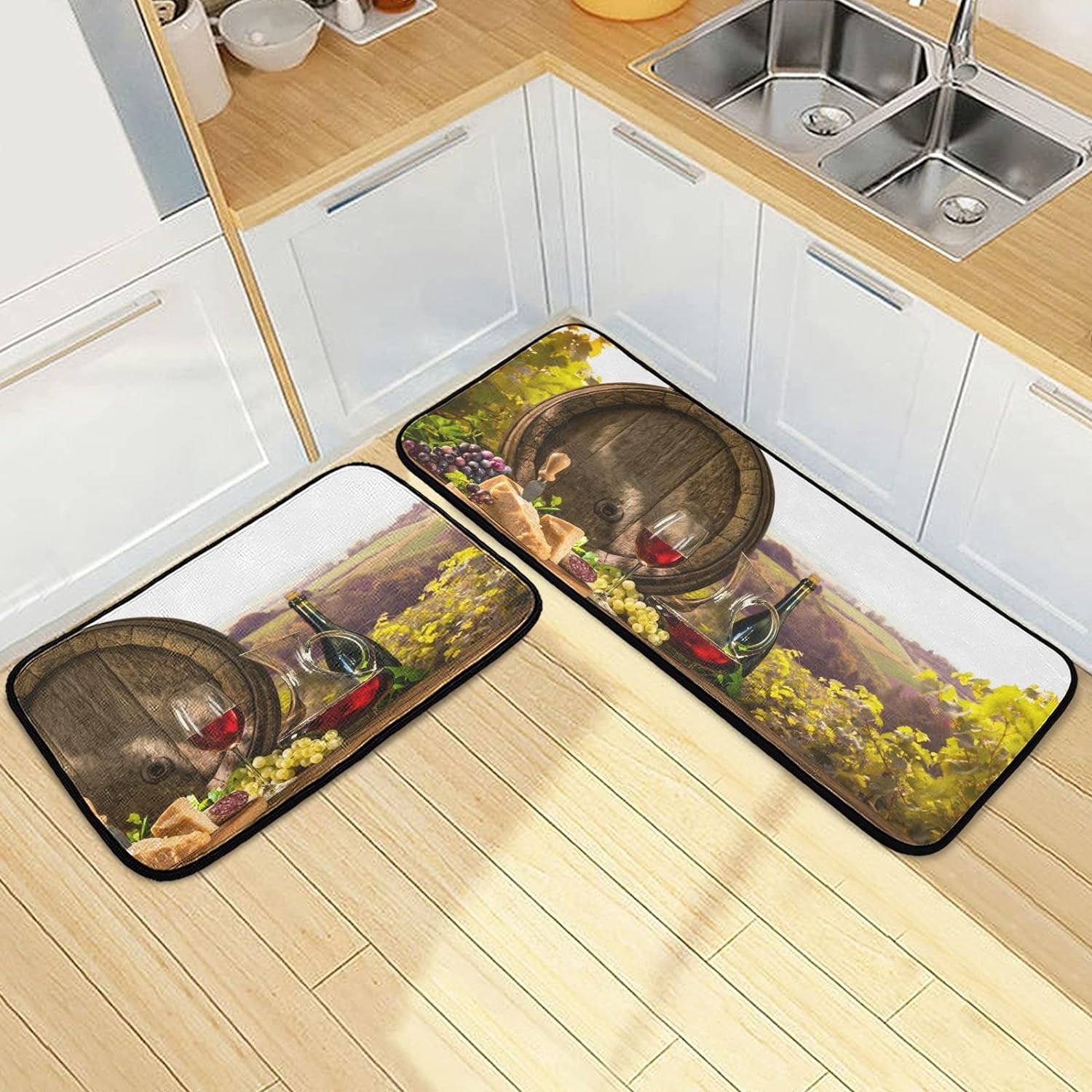 SKYSONIC Red Wine Barrel Kitchen Rugs Set of 2, Cheese Vineyard Floor ...